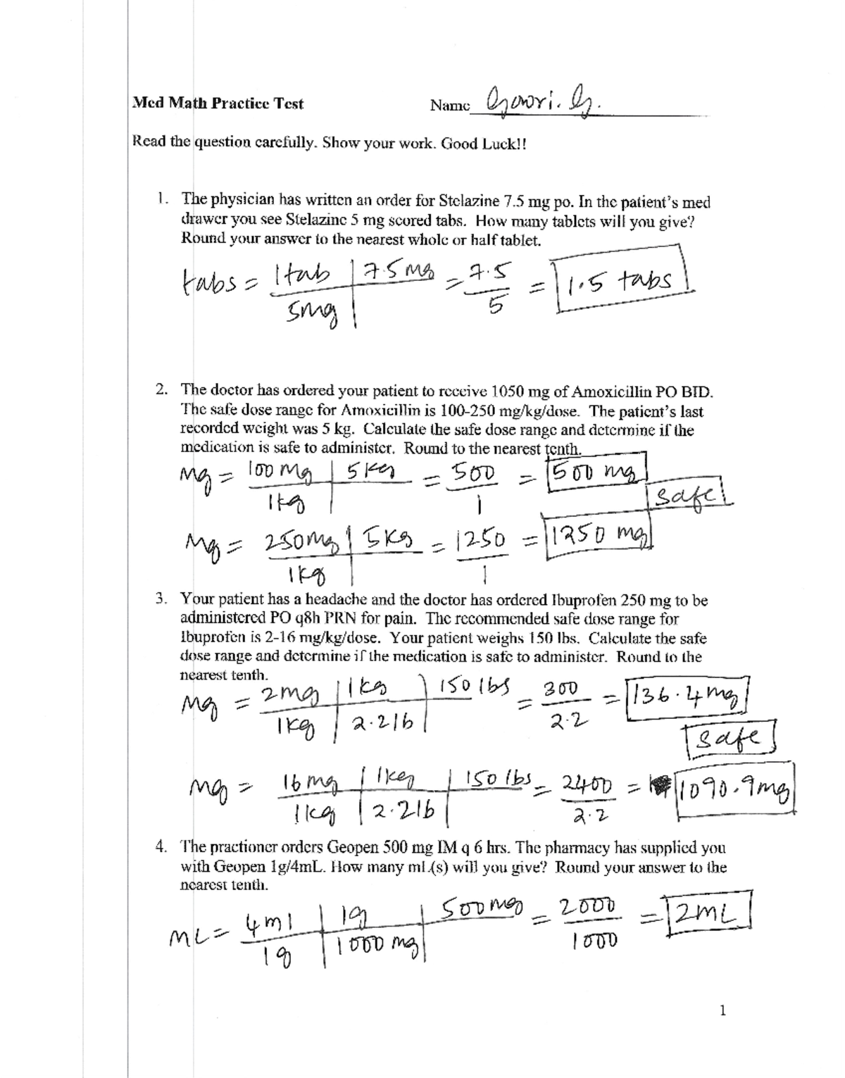 Med Math Practice Test (Solutions) - Comprehensive Guide - Studocu