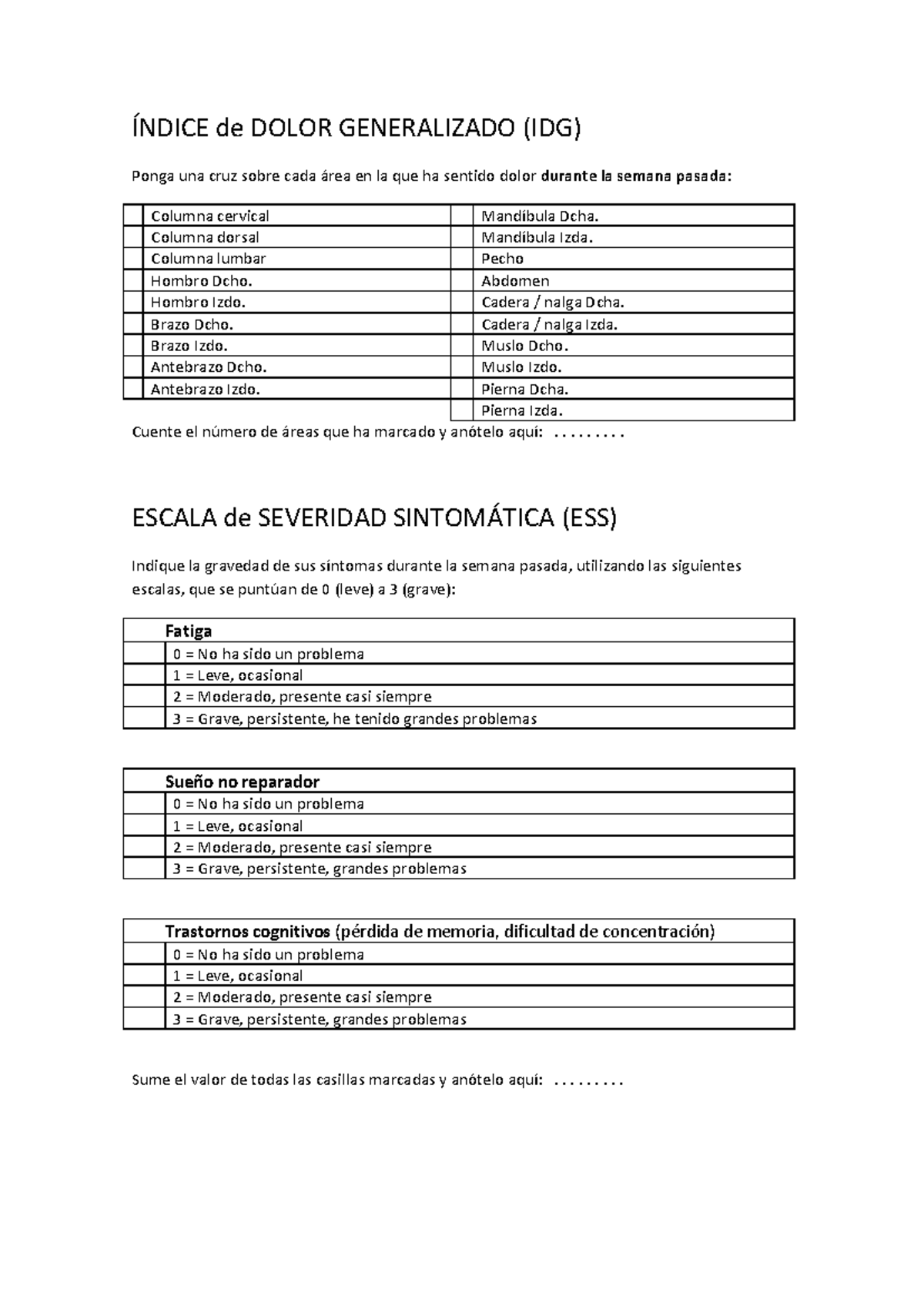 Índice de Dolor Generalizado (IDG) para Fibromialgia - Studocu