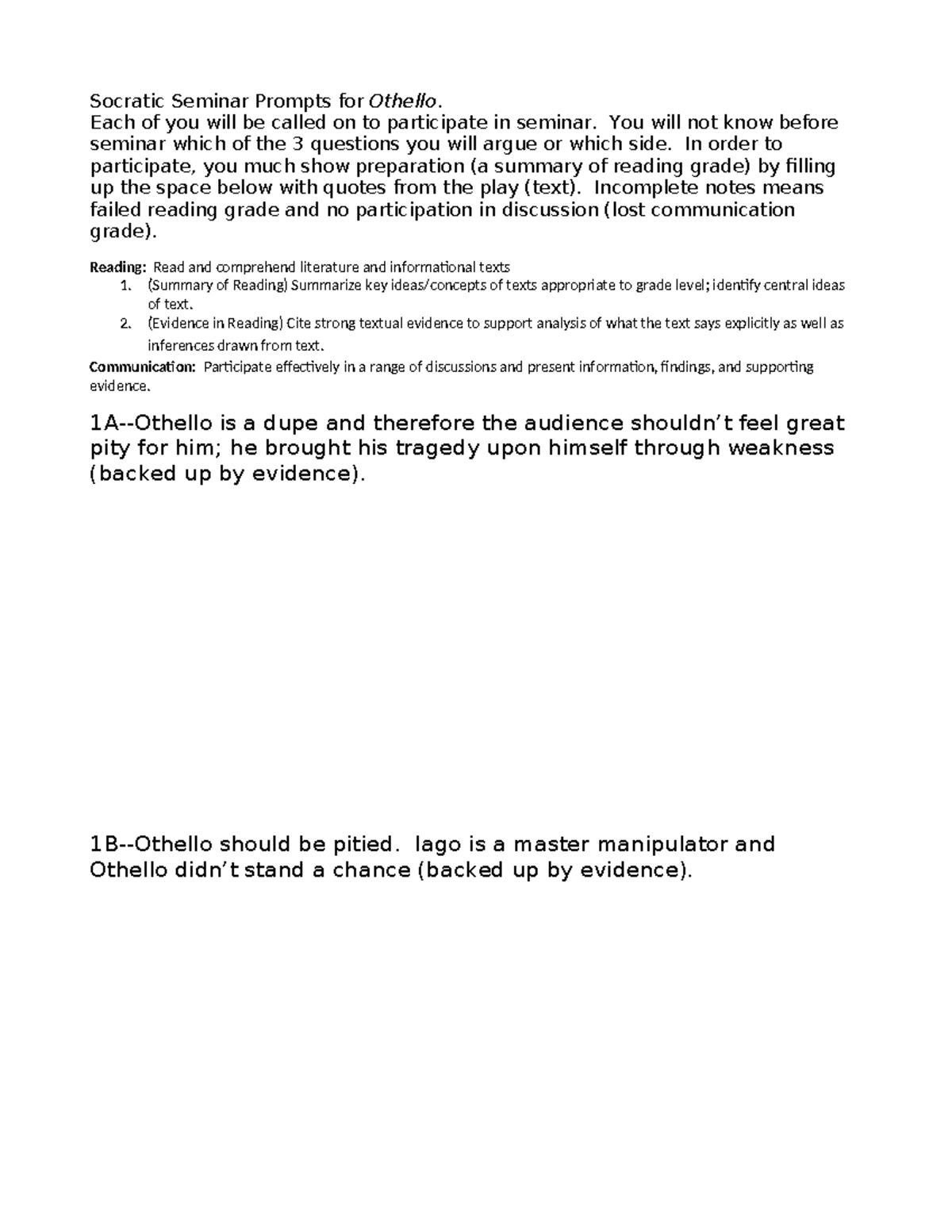 Socratic Seminar Prompts: Engaging with Othello Text Analysis - Studocu