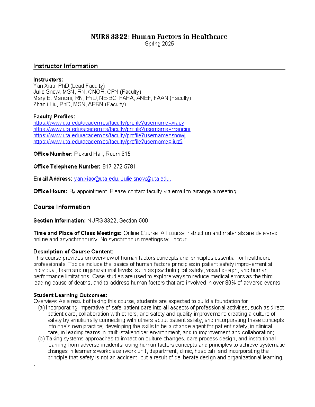 NURS 3322: Human Factors in Healthcare - Spring 2025 Course Overview ...