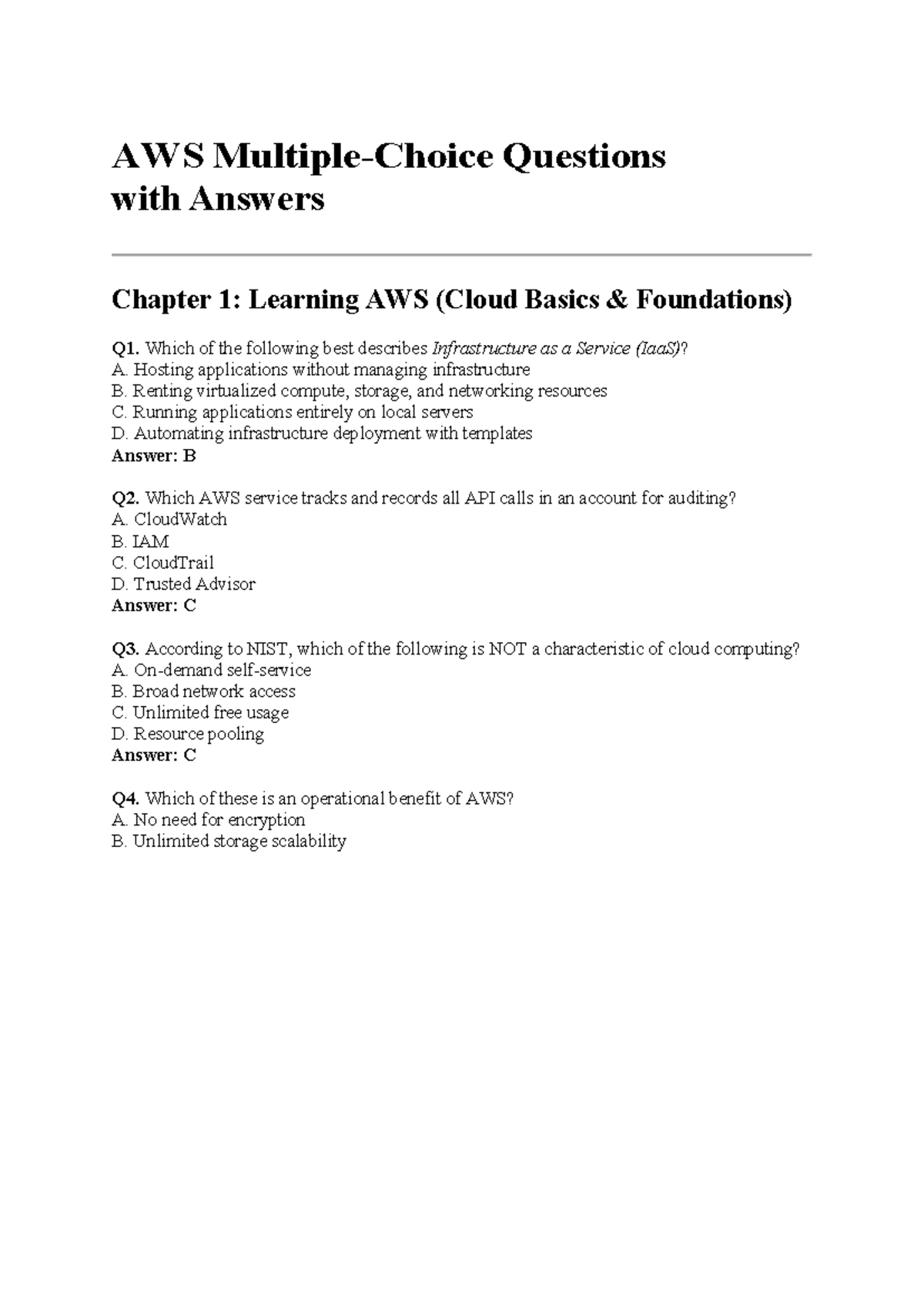 AWS Questions with Answers: Chapter 1-8 Overview (Cloud Basics) - Studocu