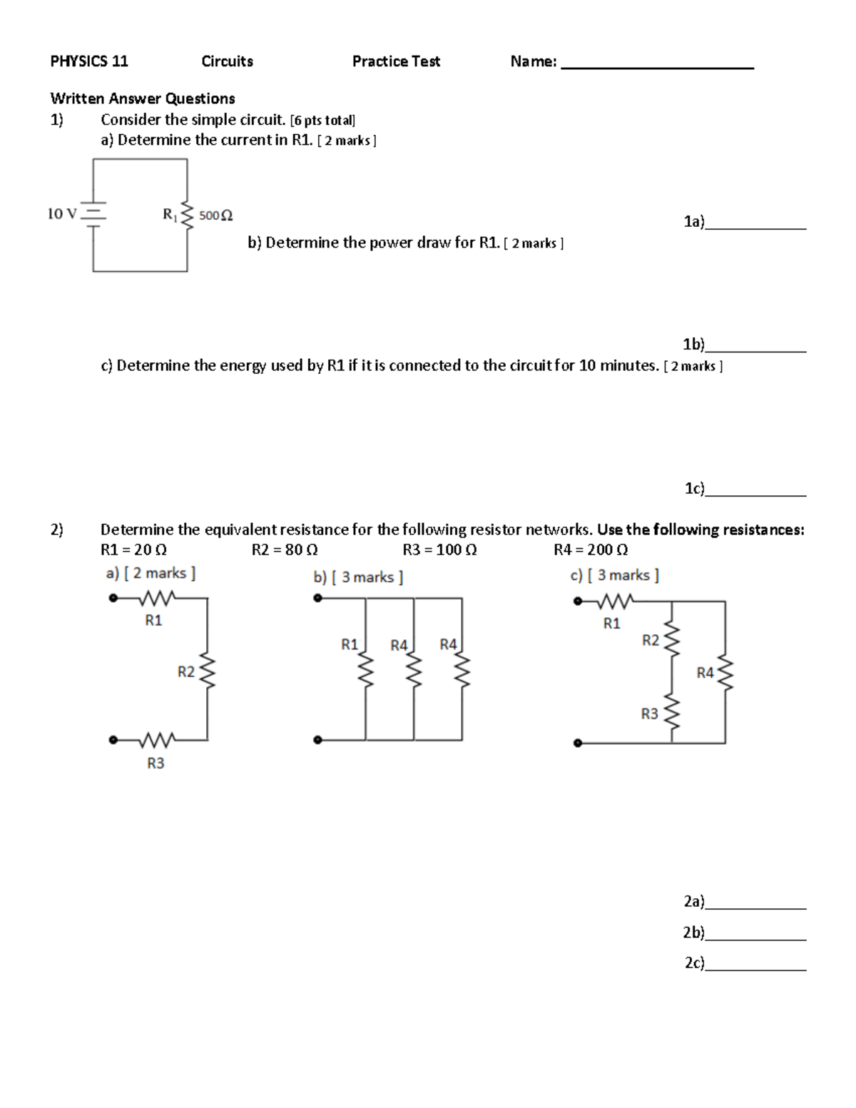 PHYSICS 11 Circuits Practice Test: Current, Power, and Resistance - Studocu