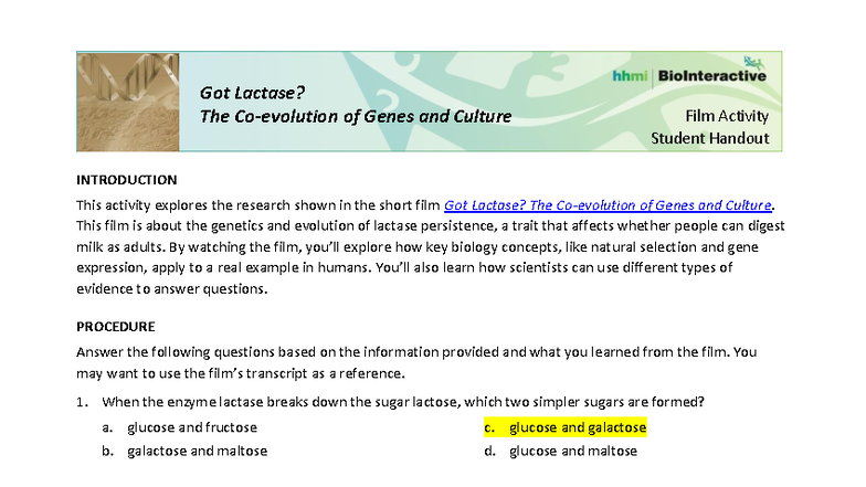 Got Lactase? Genes & Culture Film Activity Handout - Studocu