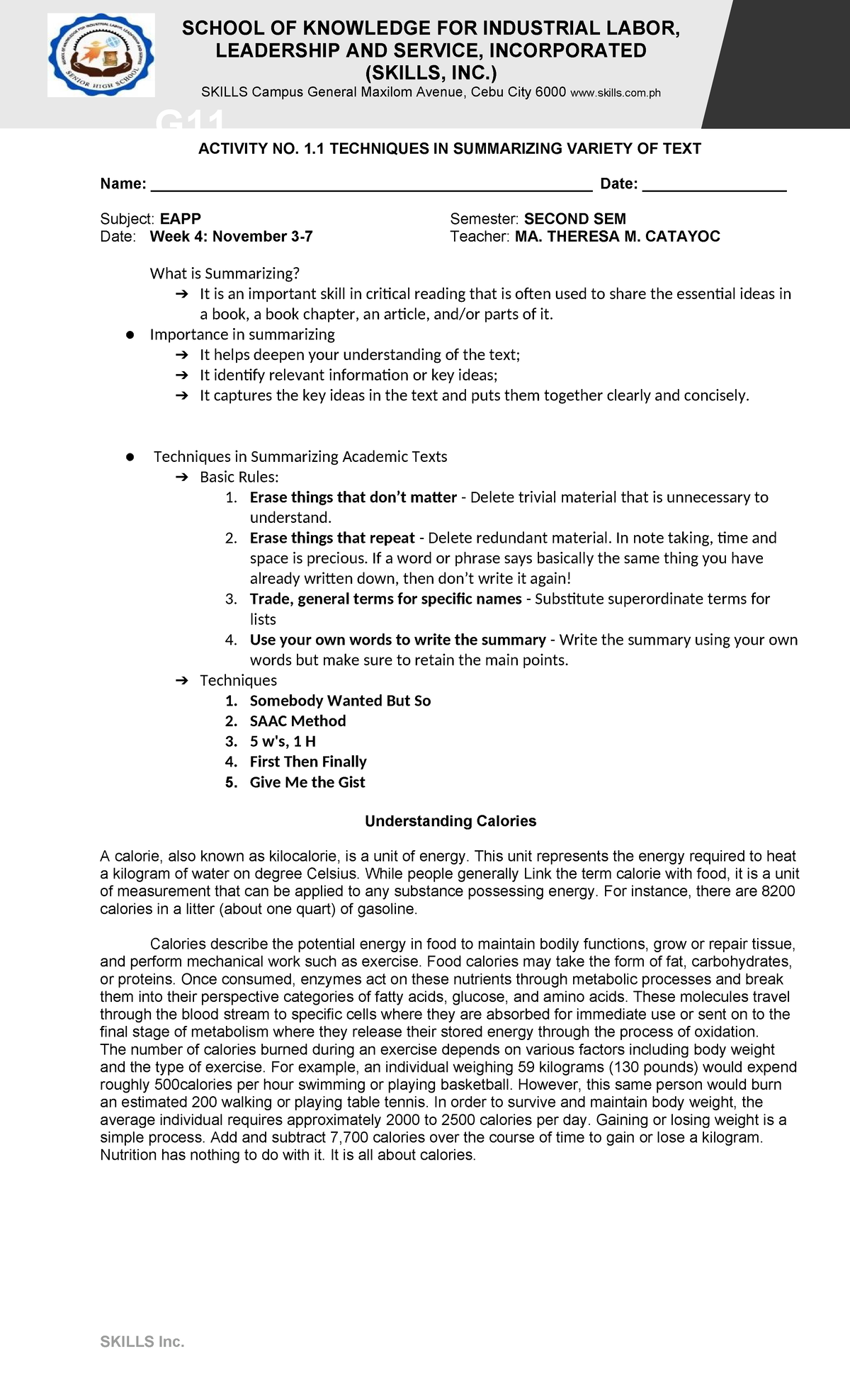 EAPP G11 Activity 1.1: Techniques in Summarizing Texts - Studocu