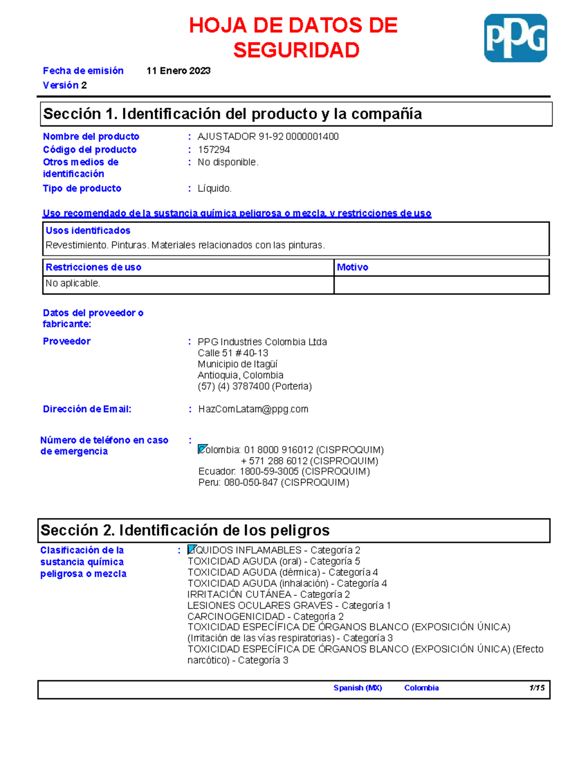 Hoja de Seguridad del Producto AJUSTADOR 157294 - Versión 2 - Studocu