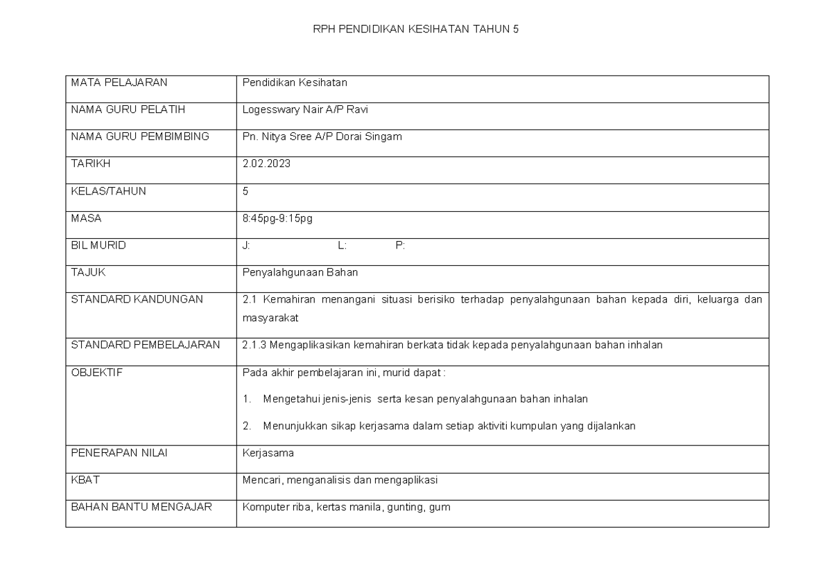 RPH Pendidikan Kesihatan Tahun 5: Penyalahgunaan Bahan Inhalan - Studocu