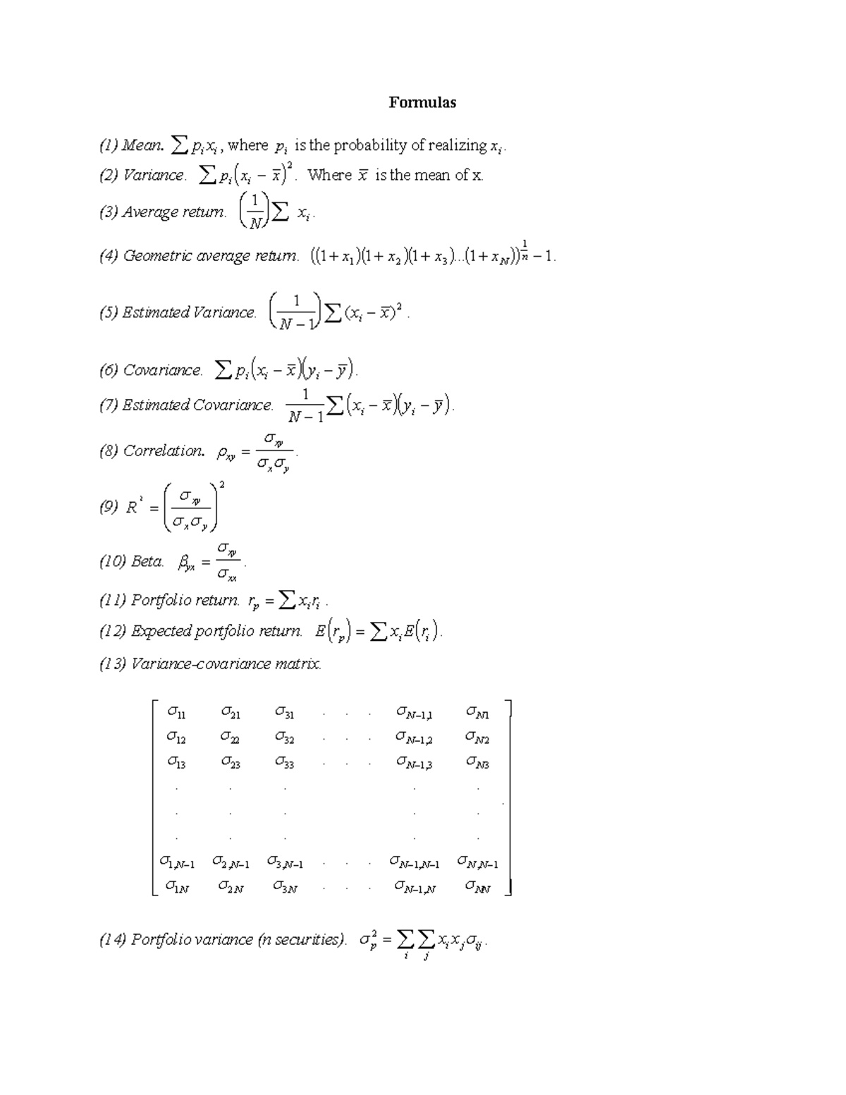 Formulas for Mean, Variance, and Portfolio Analysis - Practice - Studocu