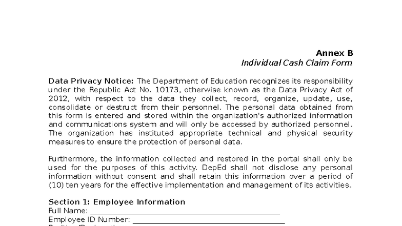 Annex B Individual Cash Claim Form Data Privacy Notice - Studocu