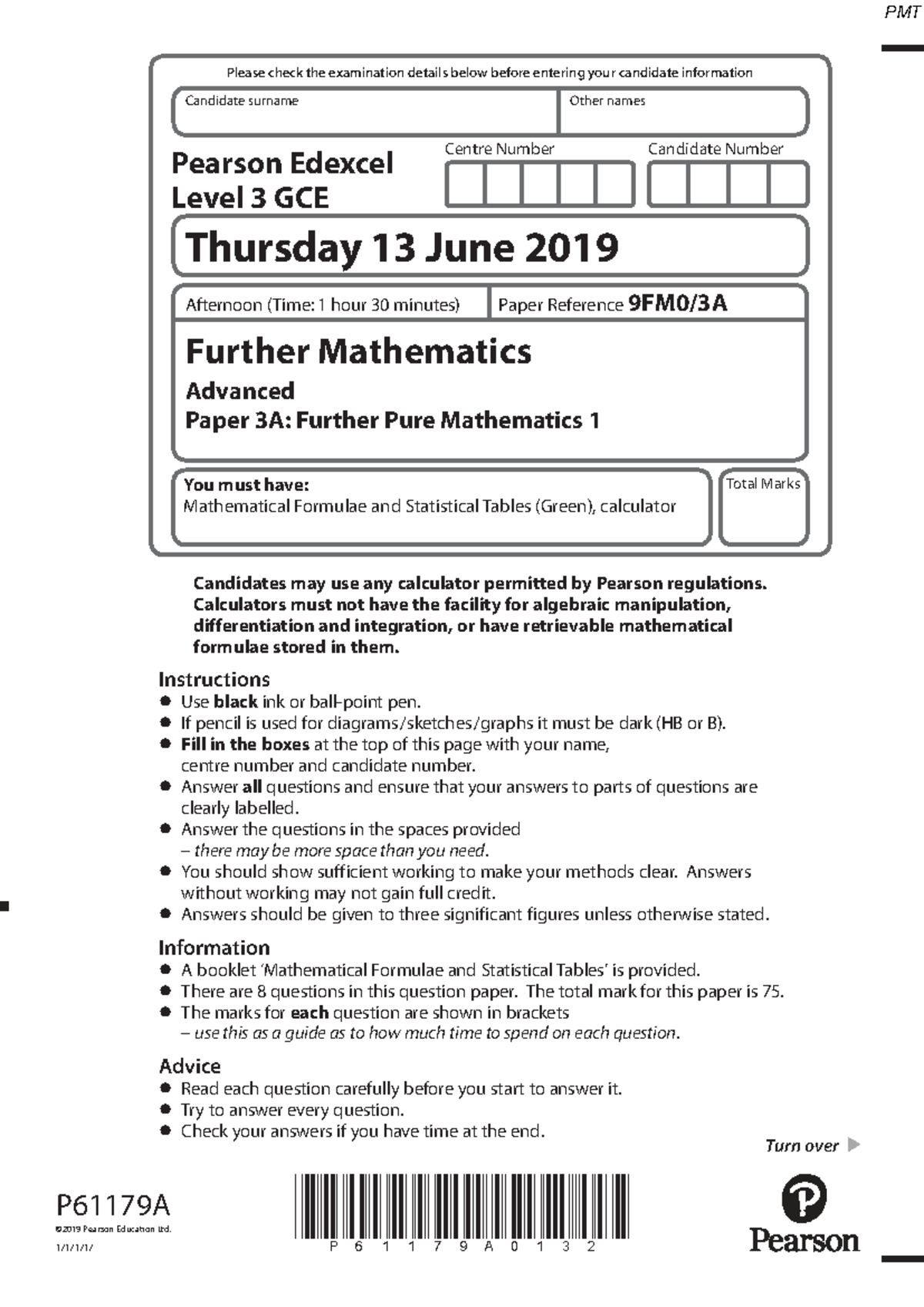 June 2019 PMT Exam Paper - Further Mathematics 3A - Studocu