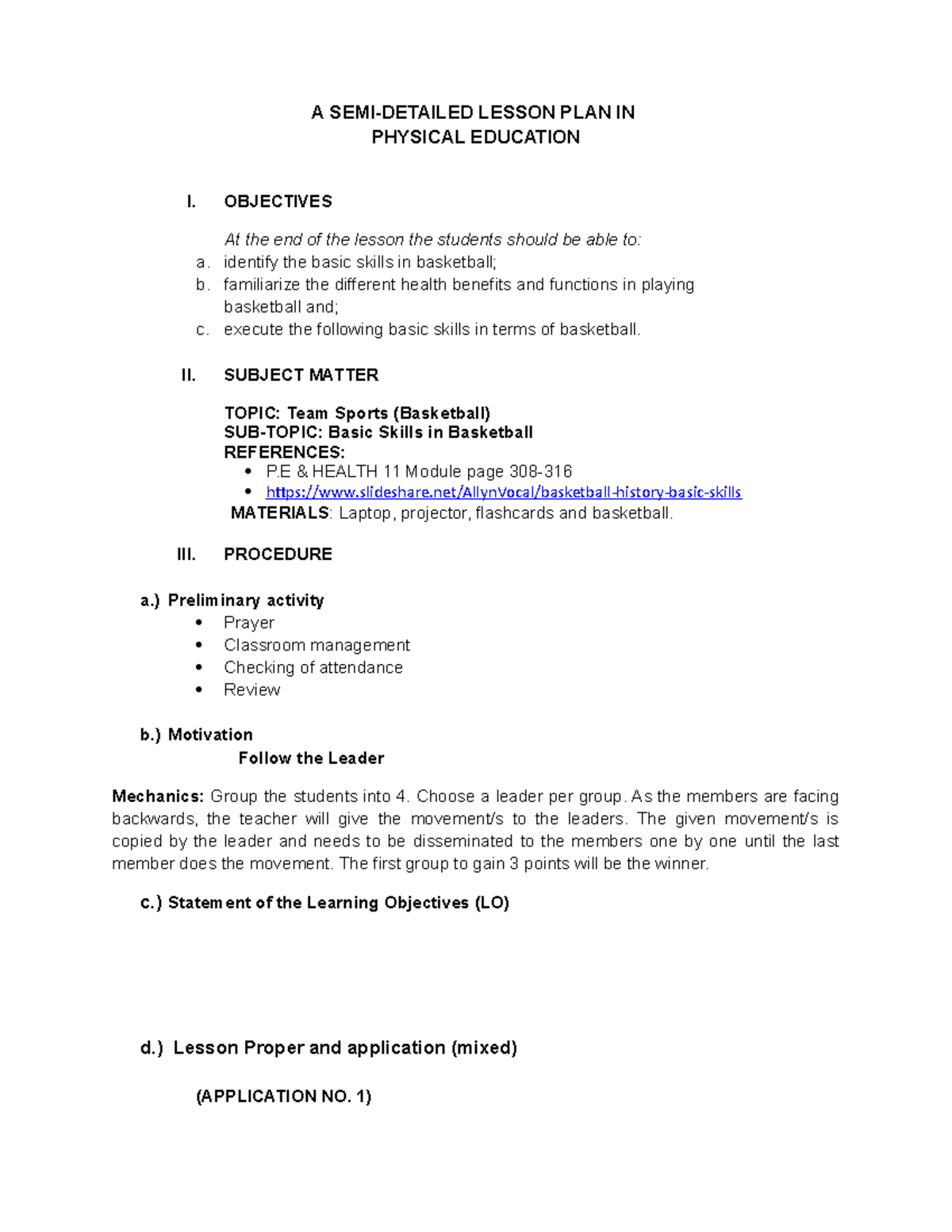 LESSON PLAN: BASKETBALL SKILLS (P.E. 11 TEAM SPORTS) - Studocu
