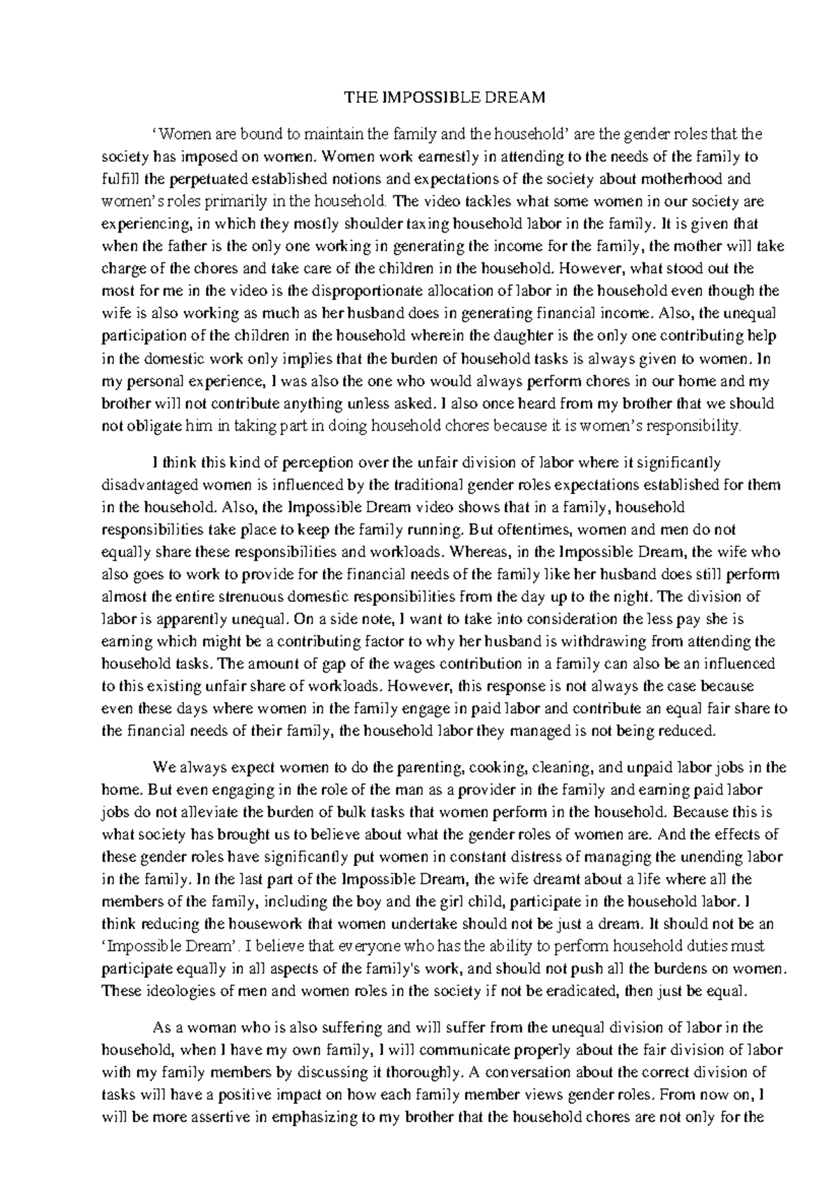 Reflection Paper about The Impossible Dream- Gender Related Video ...