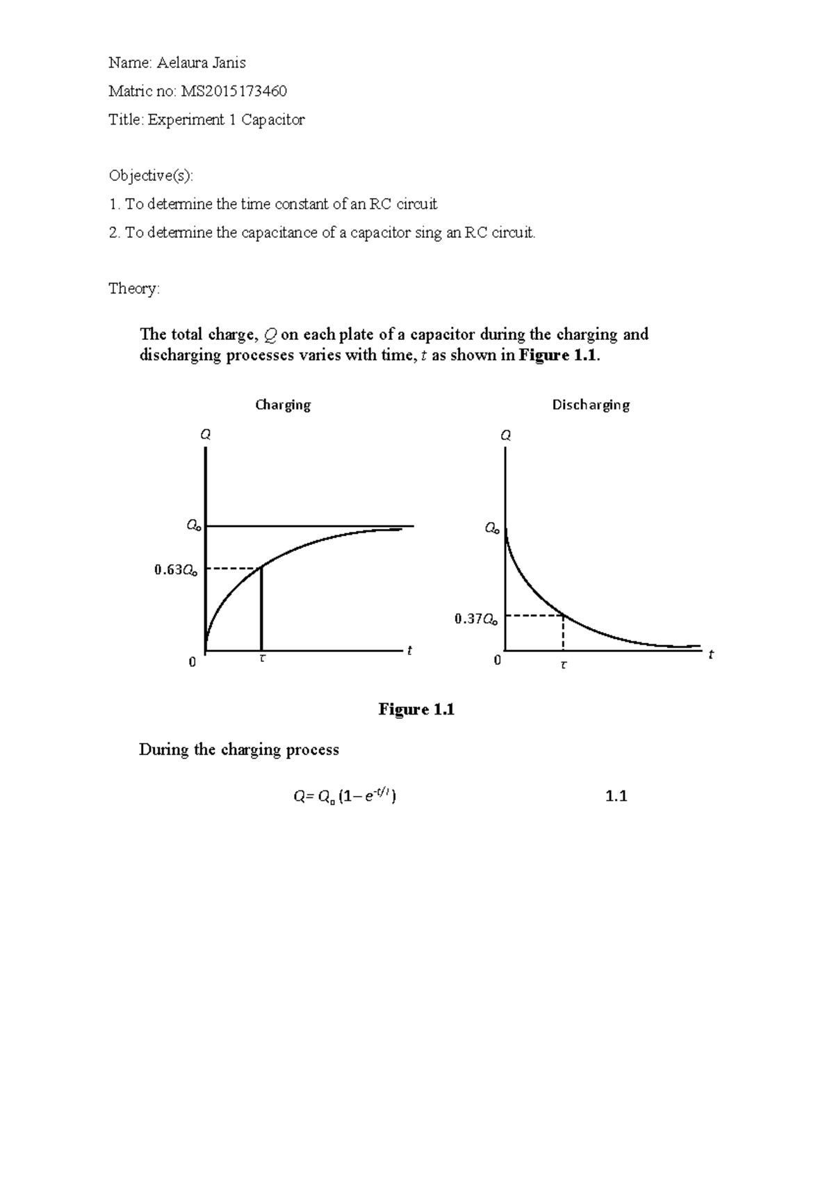 LAB Report 1 Aelaura Janis SP025 - τ t Name: Aelaura Janis Matric no ...