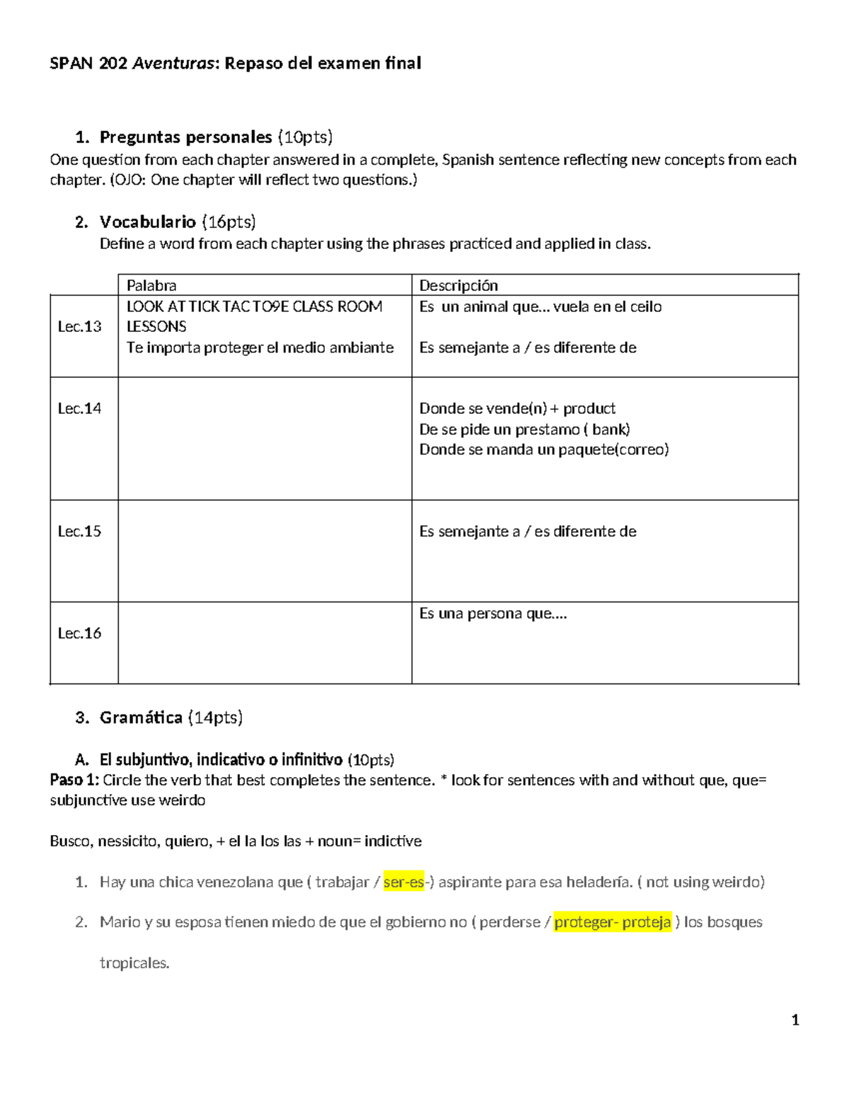 SPAN 202 Aventuras: Repaso del Examen Final VHL - Studocu