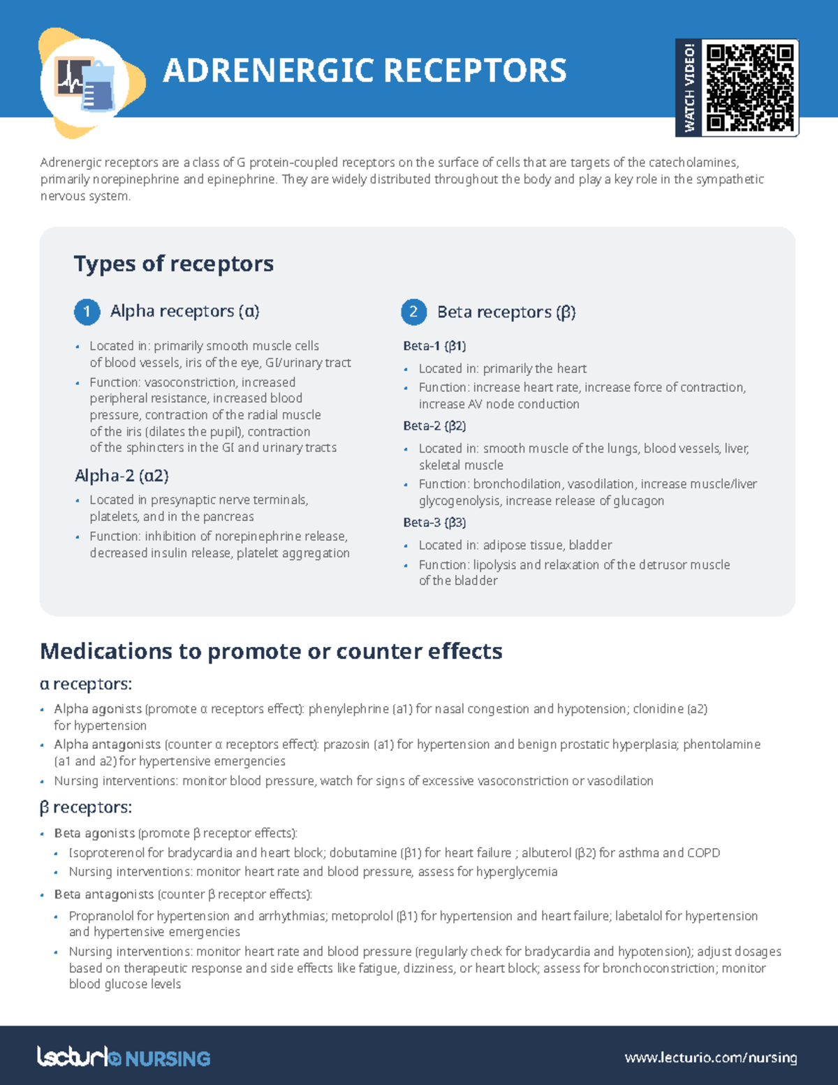 Nursing CS Adrenergic Receptors 02 - lecturio/nursing ADRENERGIC RECEPTORS Types of receptors ...