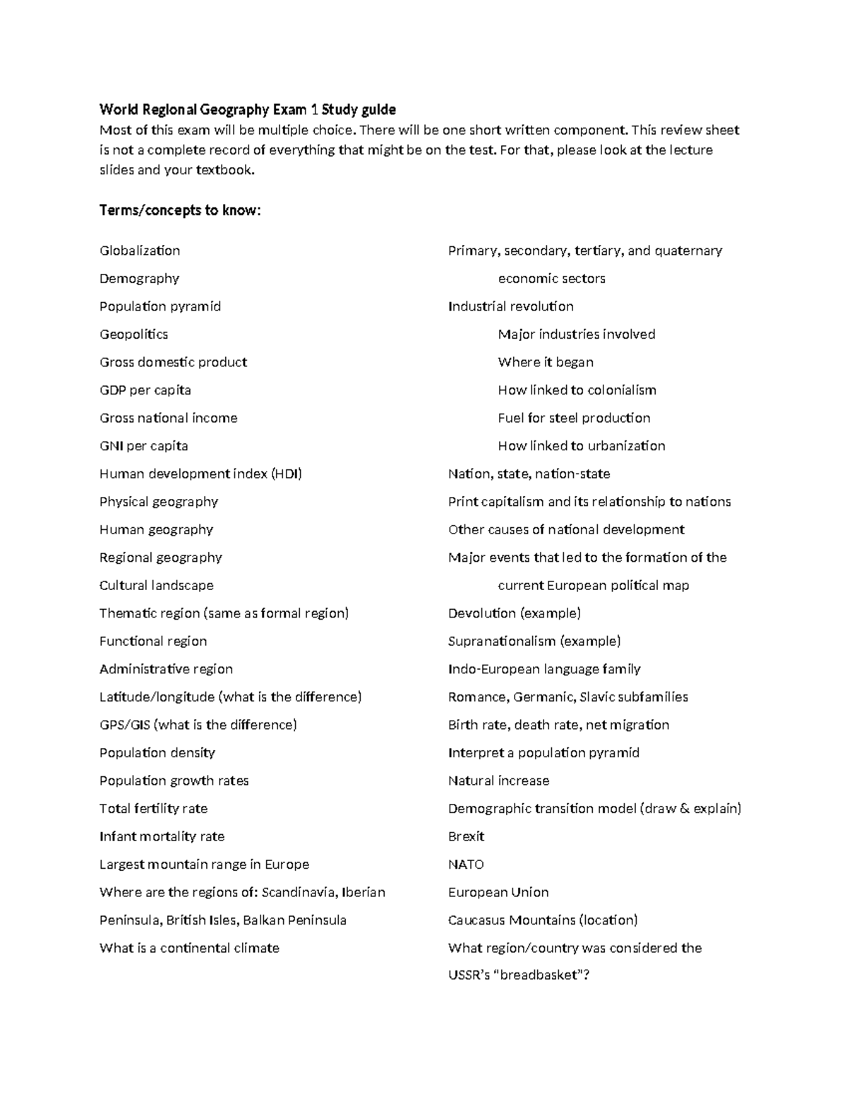 World Regional Geography Exam 1 Study Guide (GEOG 101) - Studocu