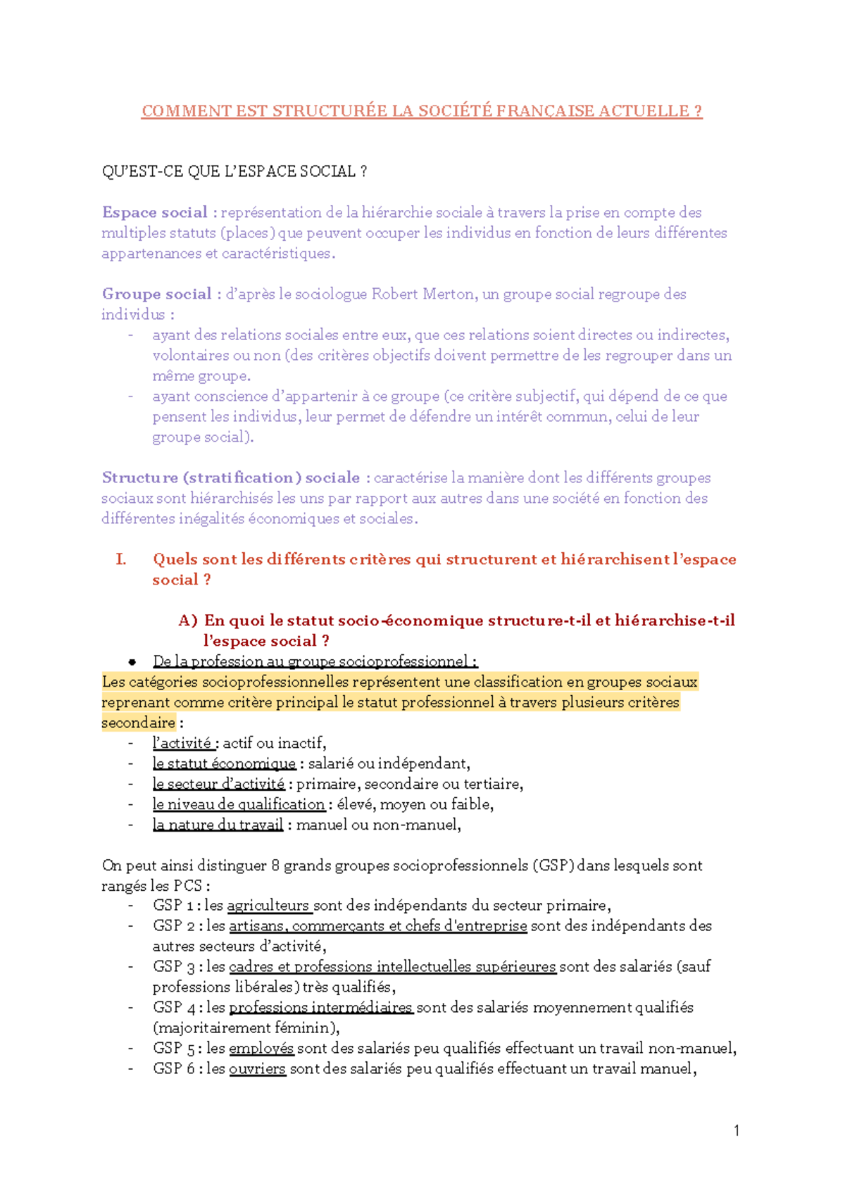 SES - Structure Société Française - COMMENT EST STRUCTURÉE LA SOCIÉTÉ ...