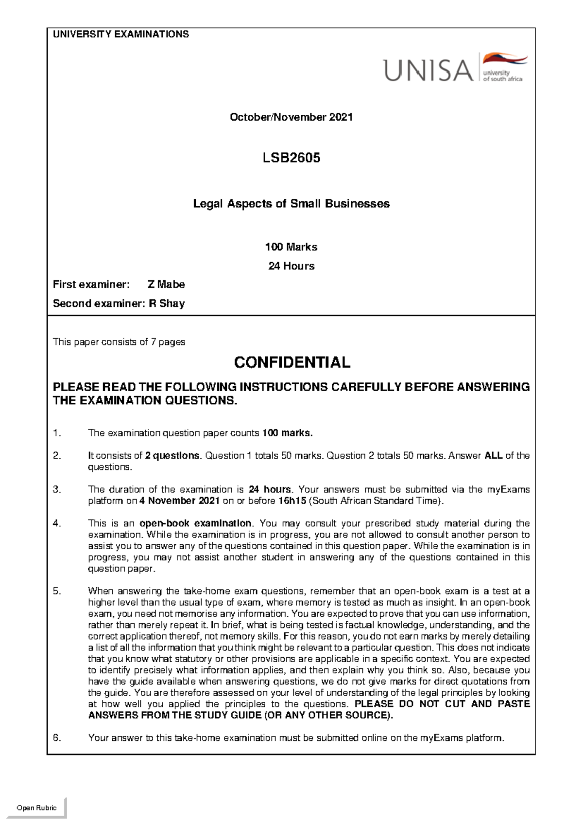 LSB2605 Oct Nov 2021 exam - UNIVERSITY EXAMINATIONS October/November 2021 LSB Legal Aspects of ...