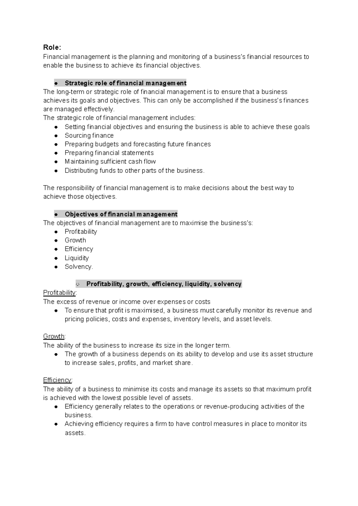 Business Notes YEAR 12: Strategic Role of Financial Management - Studocu