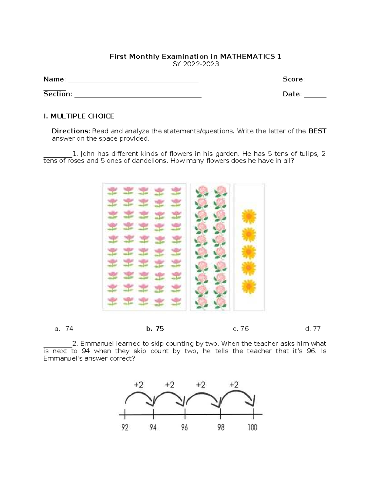 First Monthly Exam in MATHEMATICS 1 - SY 2023 - Studocu