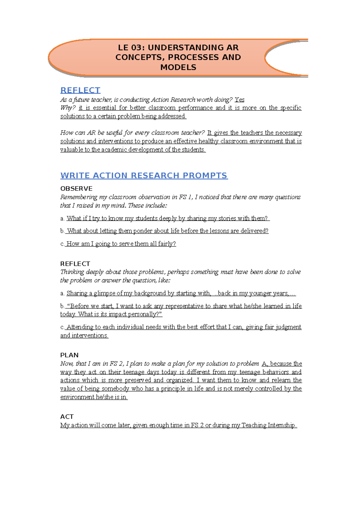 FS2-LE3 - Action Research in Field Study 2: Observations & Reflections ...