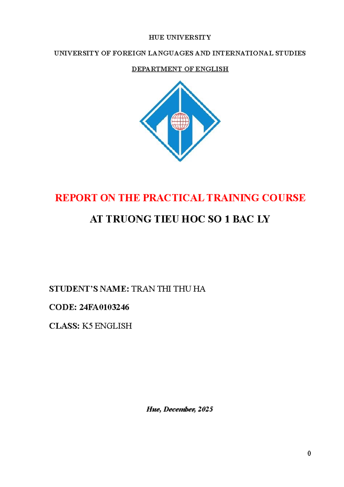 Practical Training Report at Bac Ly Primary School - Code: 24FA0103246 ...