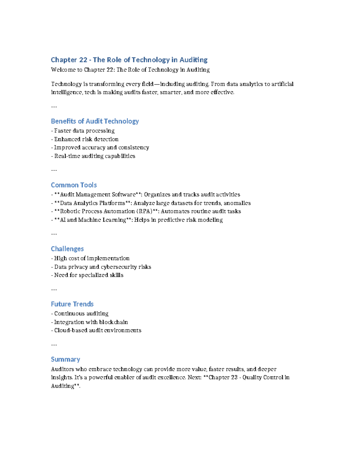 Chapter 22: The Impact of Technology on Auditing Practices - Studocu