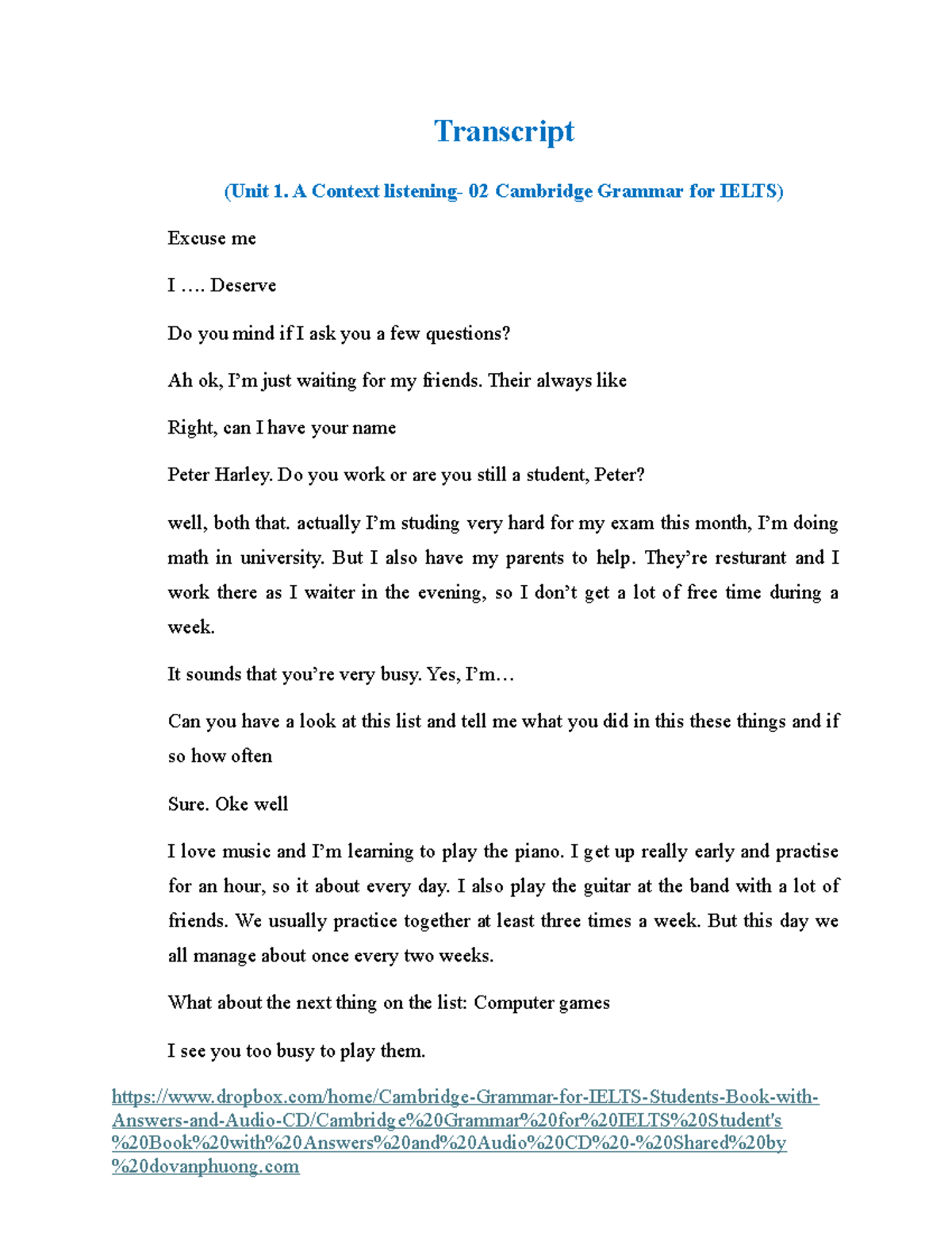 Unit 1: Context Listening Transcript for Cambridge IELTS Grammar - Studocu