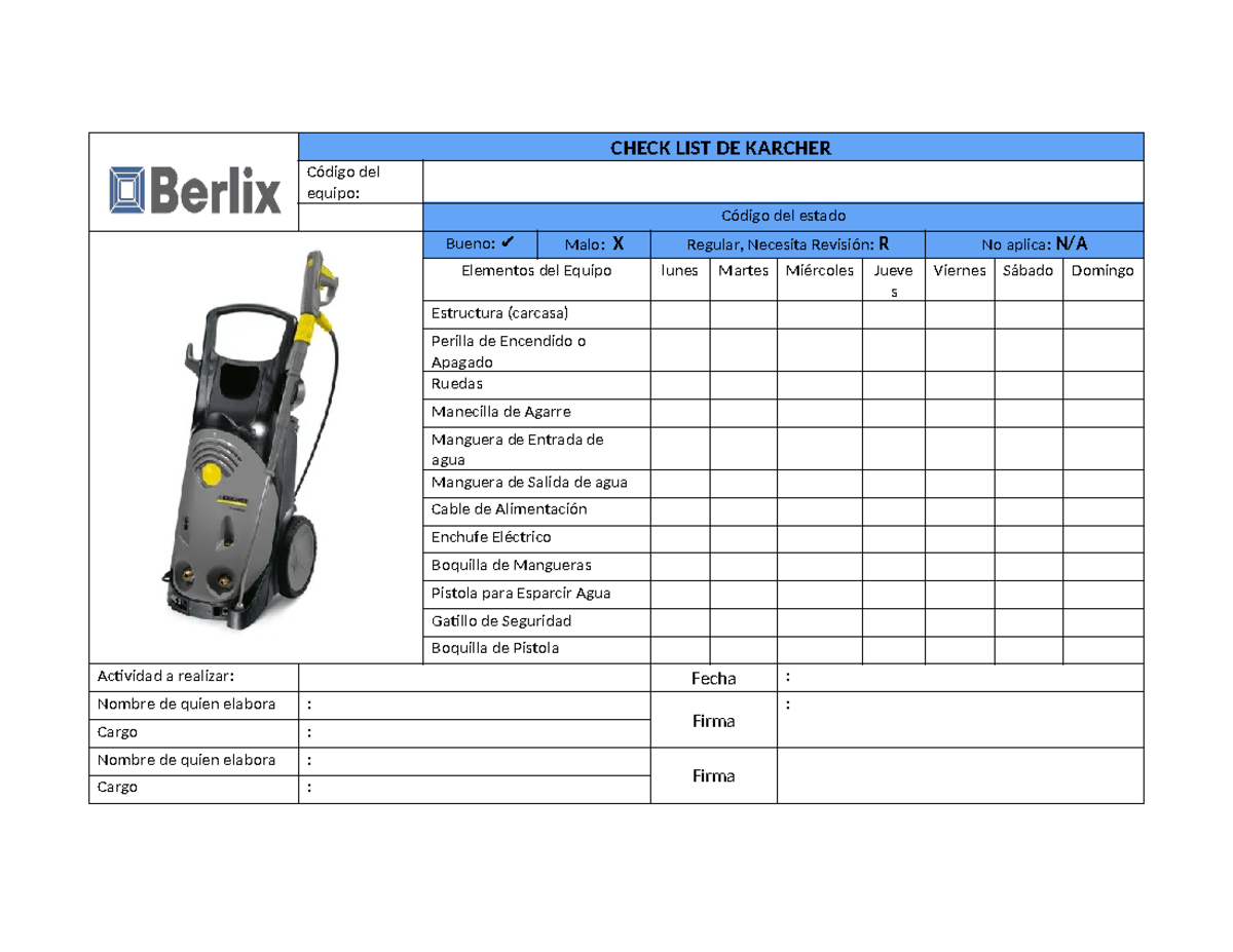 Check list de Karcher - CHECK LIST DE KARCHER Código del equipo: Código ...