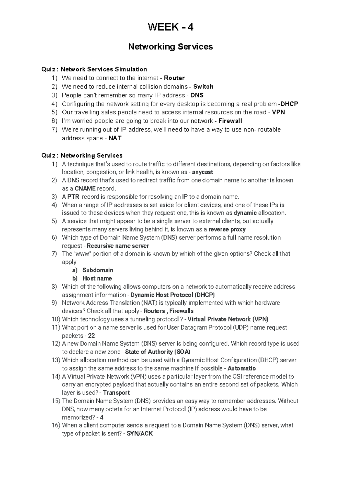 Networking Services Quiz Answers - Week 4 Exam Review - Studocu