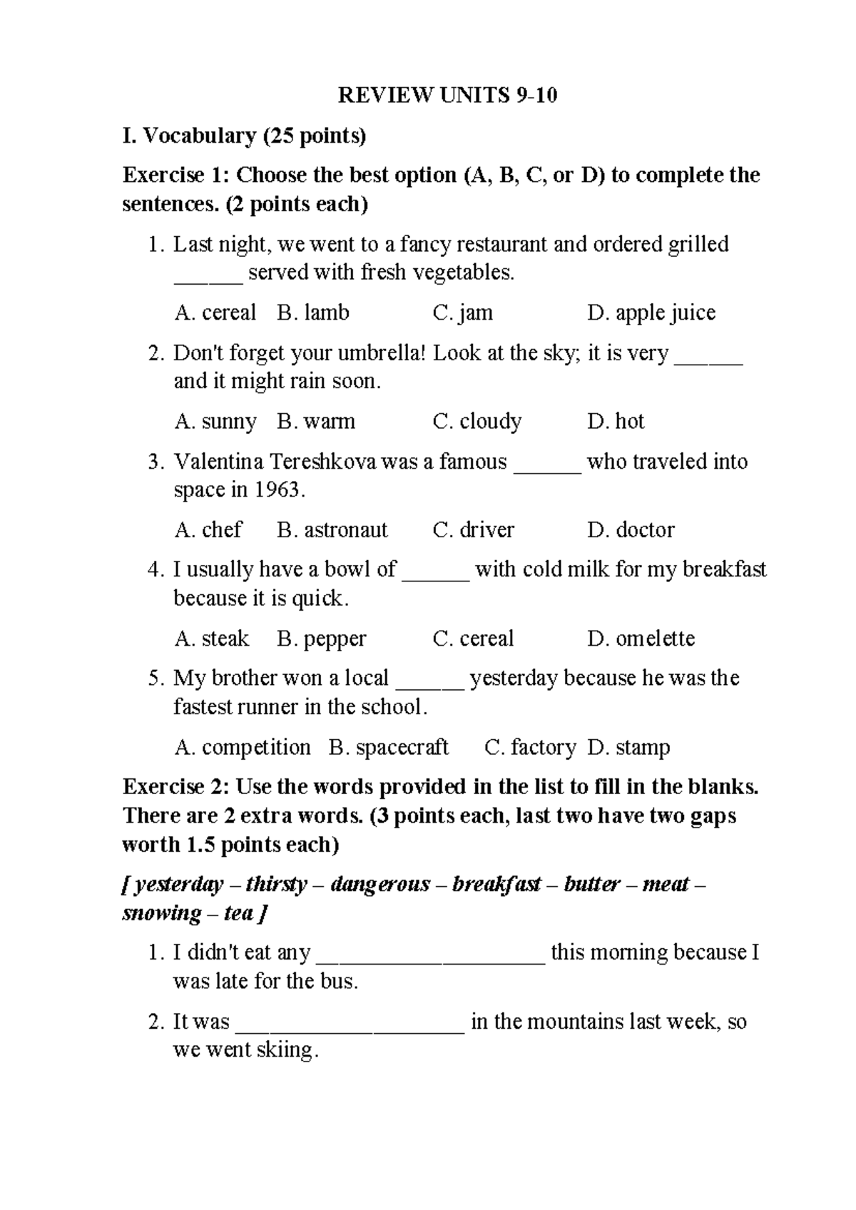 REVIEW UNITS I: Vocabulary & Grammar Exercises (25 pts) - Studocu