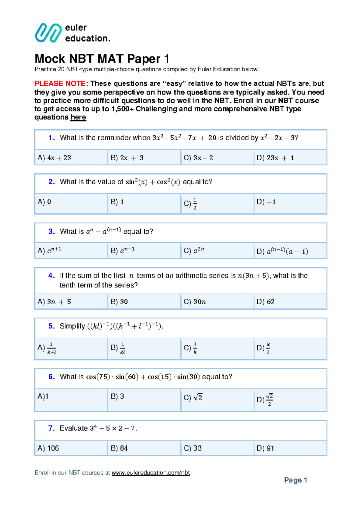 Mock NBT MAT Paper 1 Practice Questions - Euler Education - Studocu