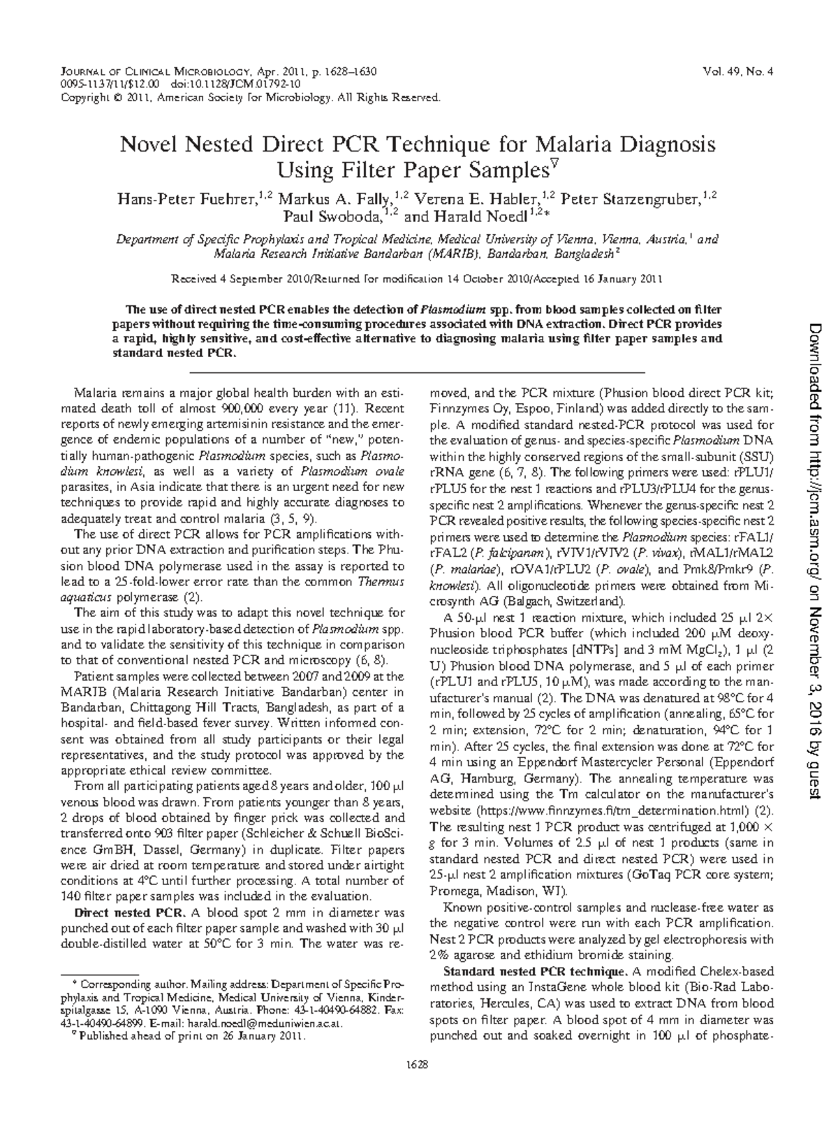 Novel Nested Direct PCR Technique for Malaria Diagnosis (JCM 49:4 ...