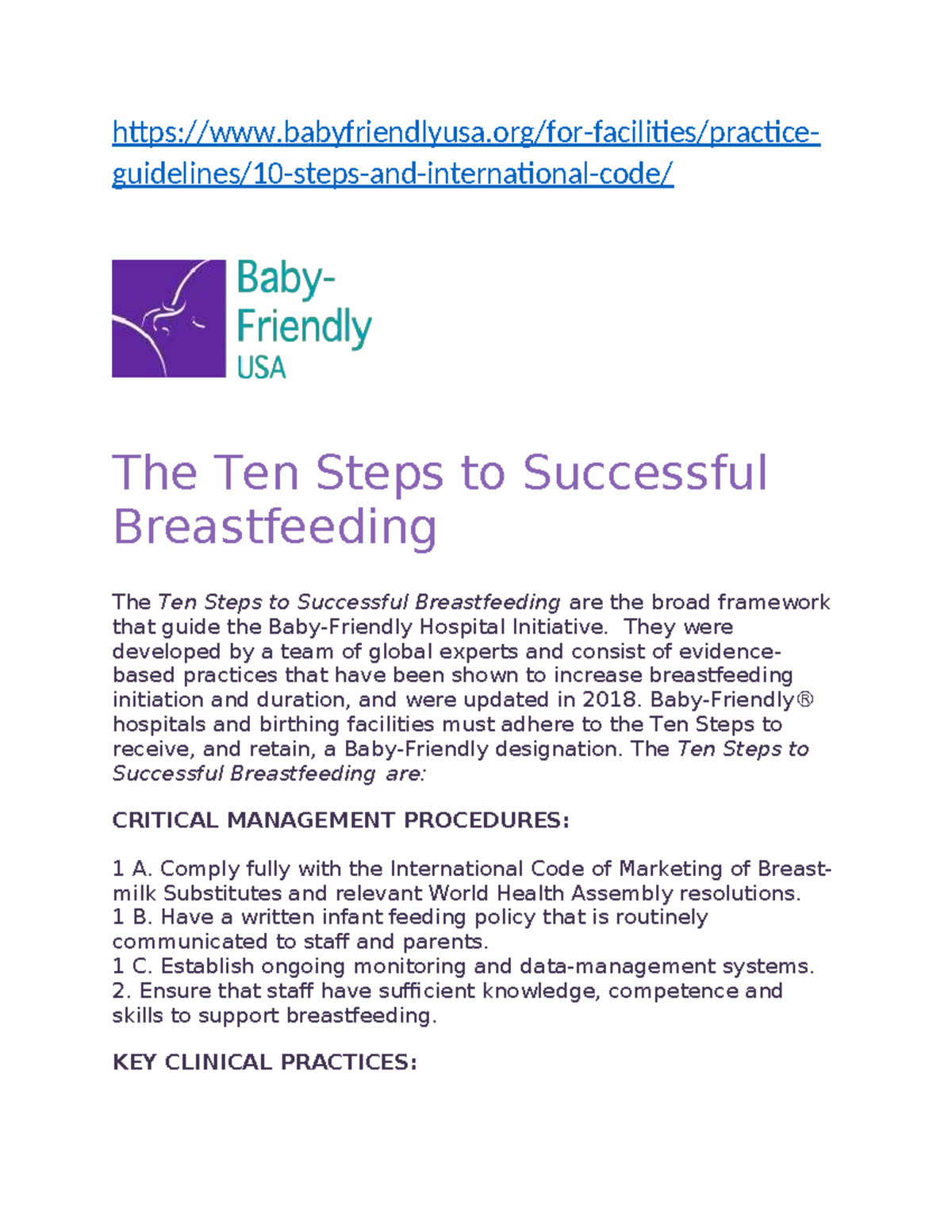 Ten Steps to Successful Breastfeeding: Guidelines for Hospitals - Studocu