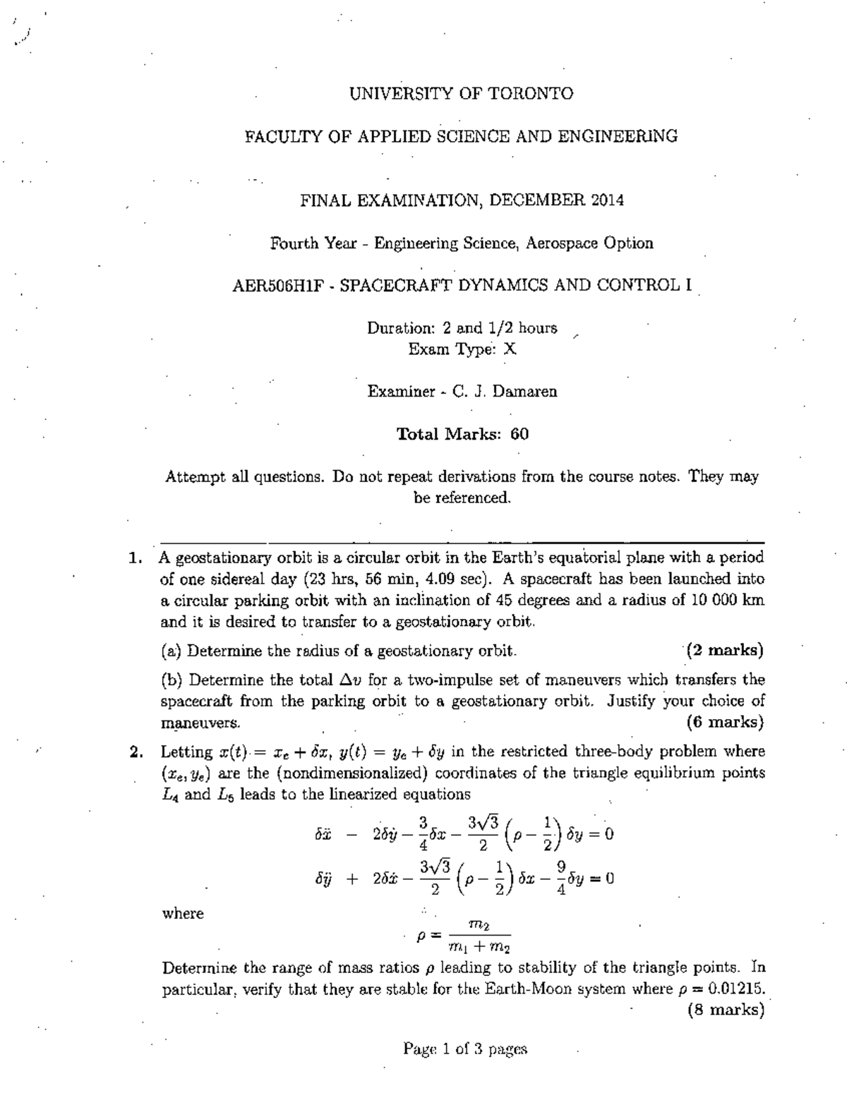 AER506H1F Final Exam December 2014: Aerospace Engineering Questions ...