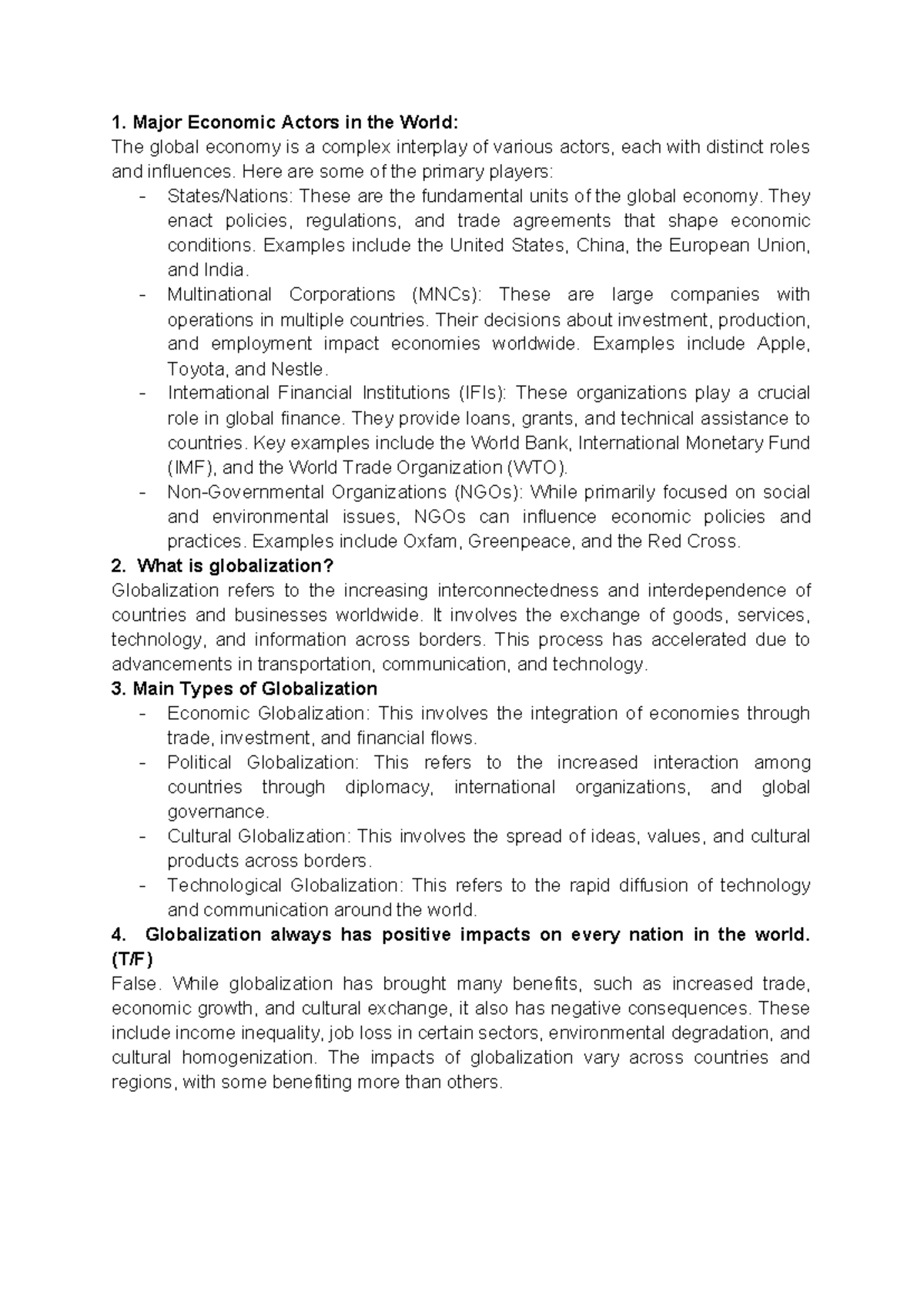 World economy - HW - Major Economic Actors in the World: The global economy is a complex ...