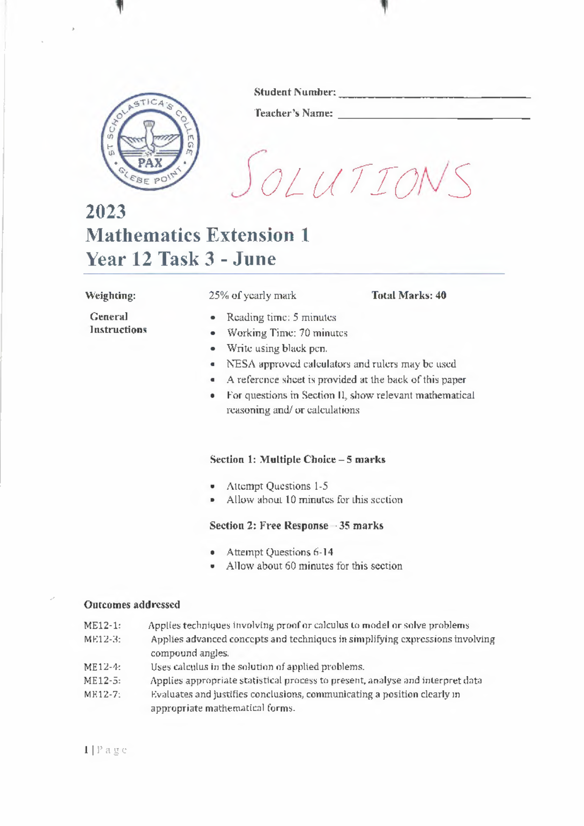 2023 Mathematics Extension 1 Year 12 Task 3 Solutions - Studocu