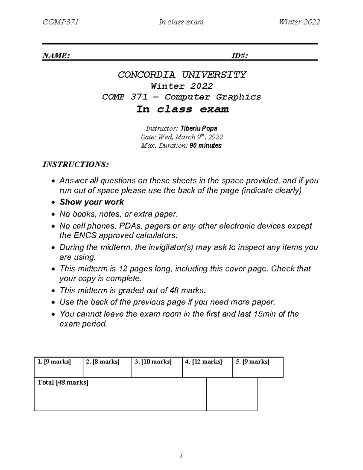 In-Class Exam COMP371 Winter 2022 - Computer Graphics - Studocu