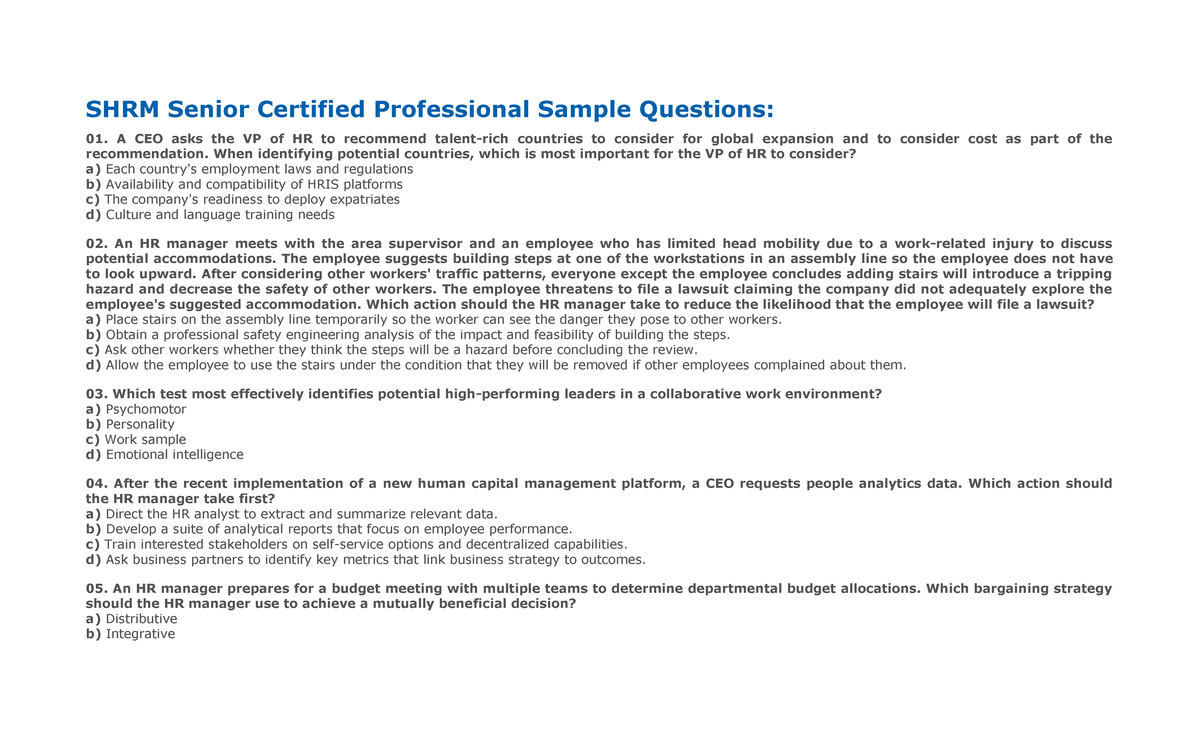 SHRM Senior Certified Professional Sample Questions - Test II - Studocu