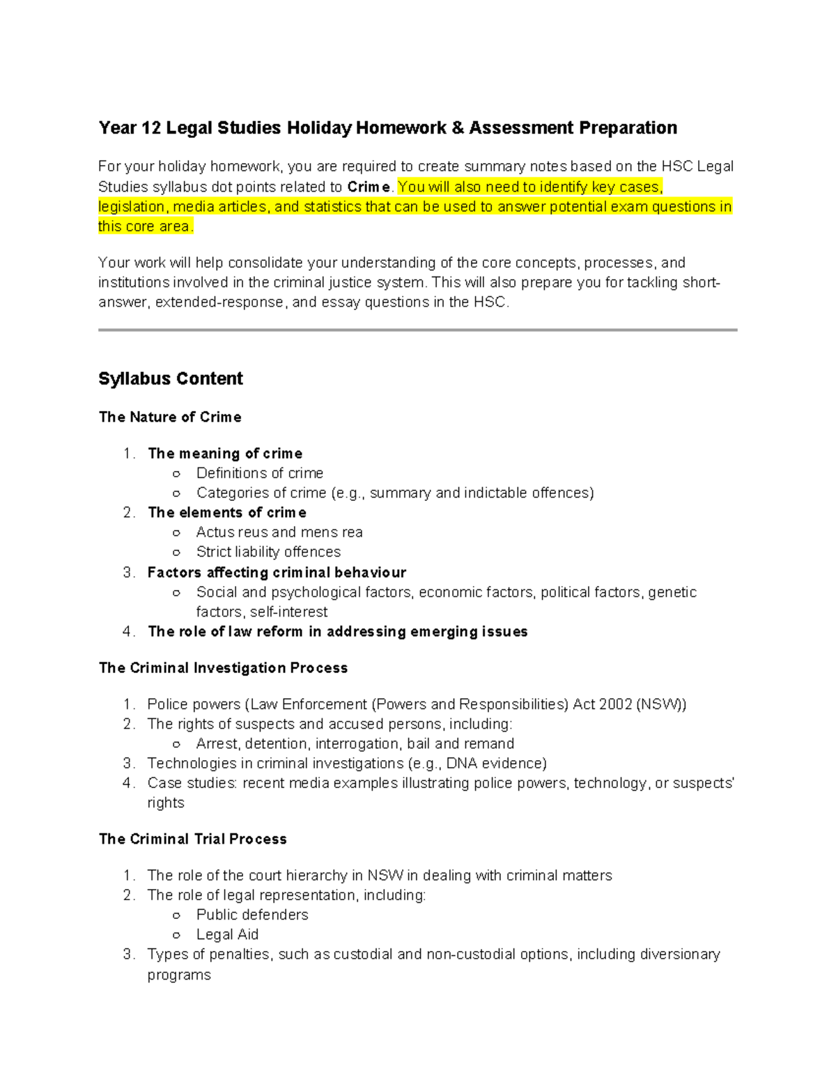Year 12 Legal Studies Holiday Homework & Assessment Preparation (3 ...