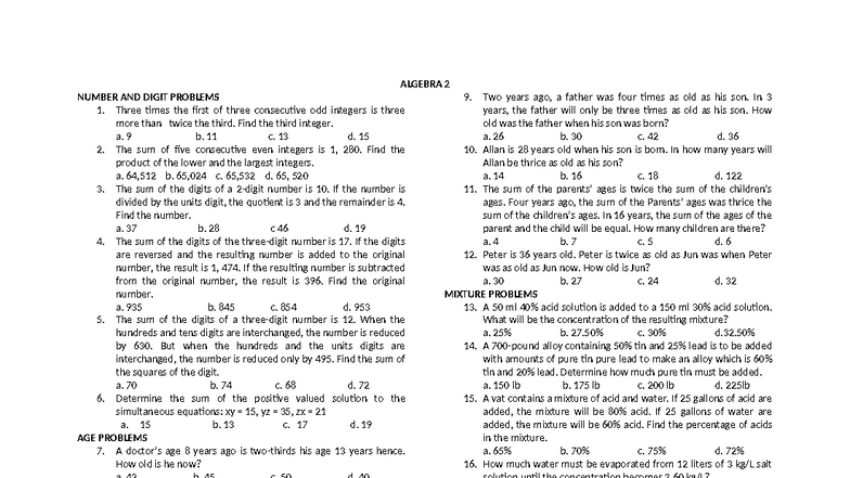 ALGEBRA 2 - NUMBER AND DIGIT PROBLEMS STUDY GUIDE - Studocu