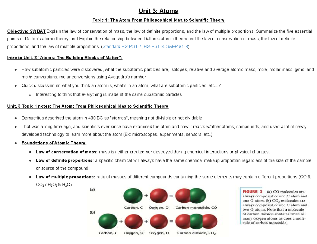 Unit 3: Atoms and Molecules - Understanding Atomic Theory and Structure - Studocu