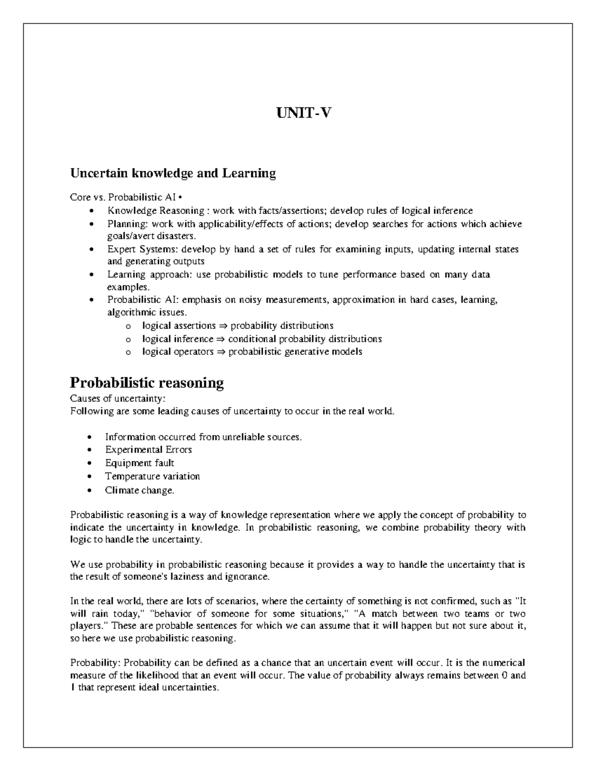 AI UNIT-5 Notes: Uncertain Knowledge & Probabilistic Reasoning - Studocu