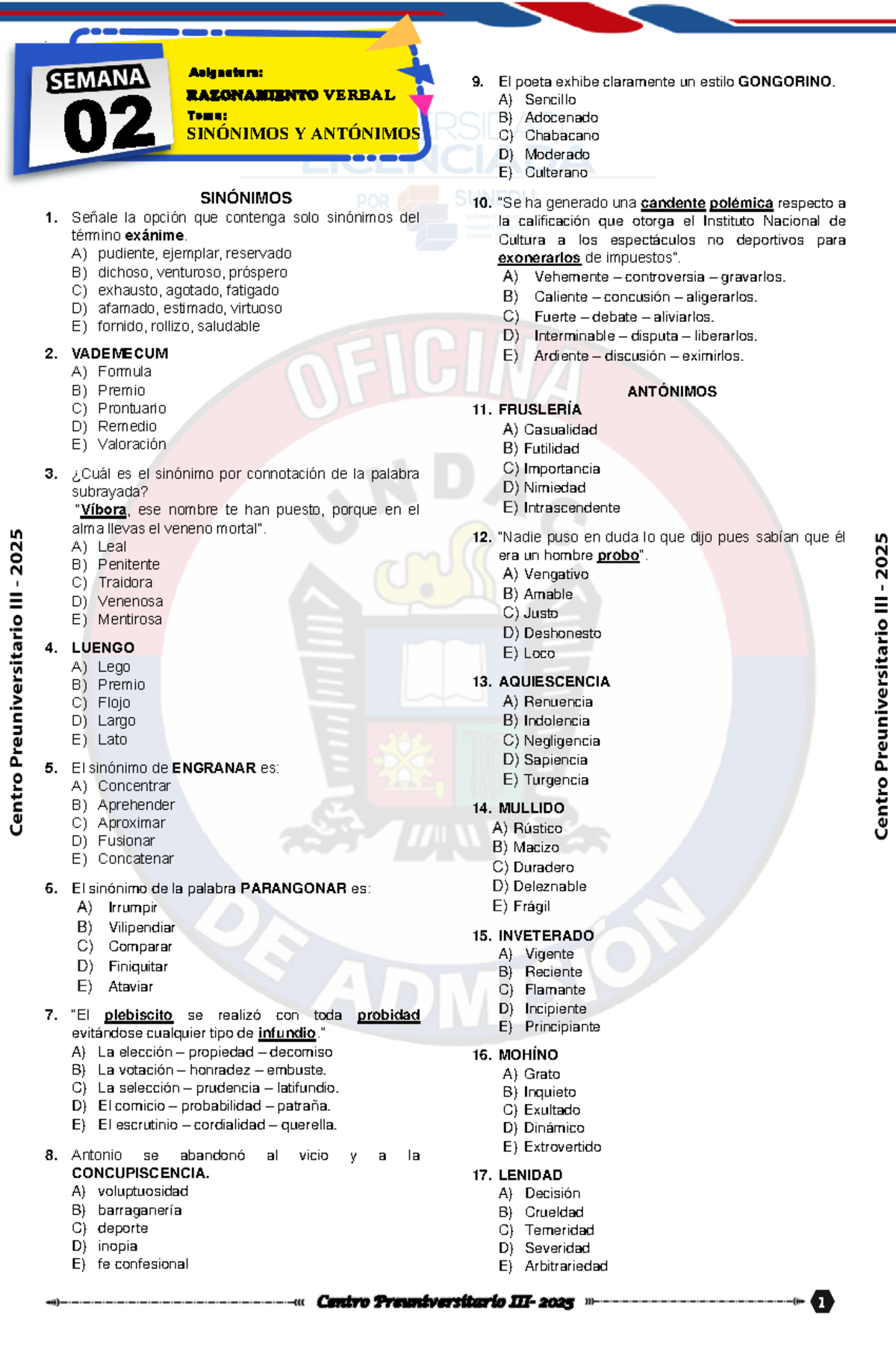 Semana 2 - Ejercicios de Sinónimos y Antónimos - Cepre III 2025 - Studocu