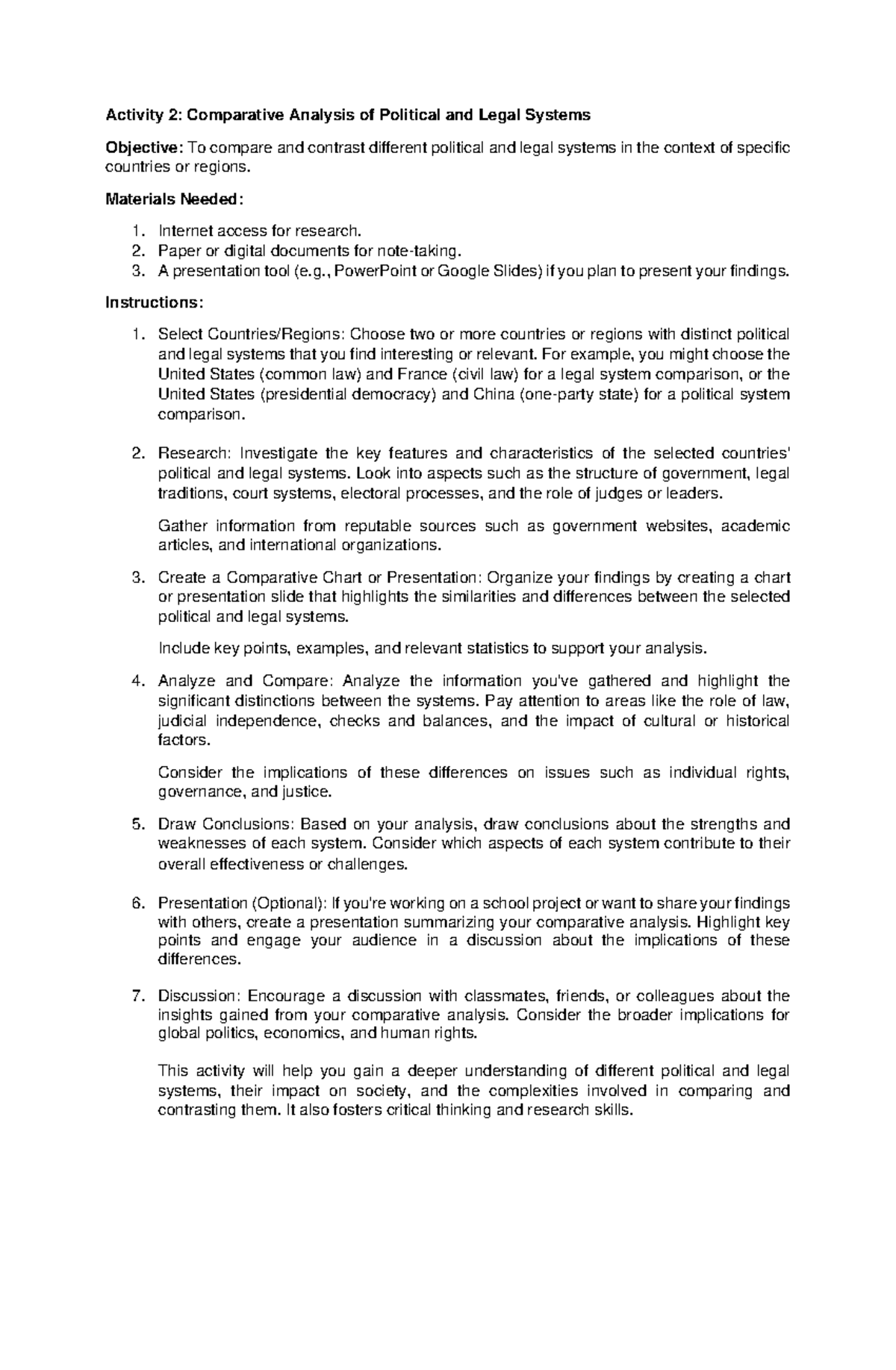 Activty 2 Political AND Legal System - Activity 2 : Comparative ...