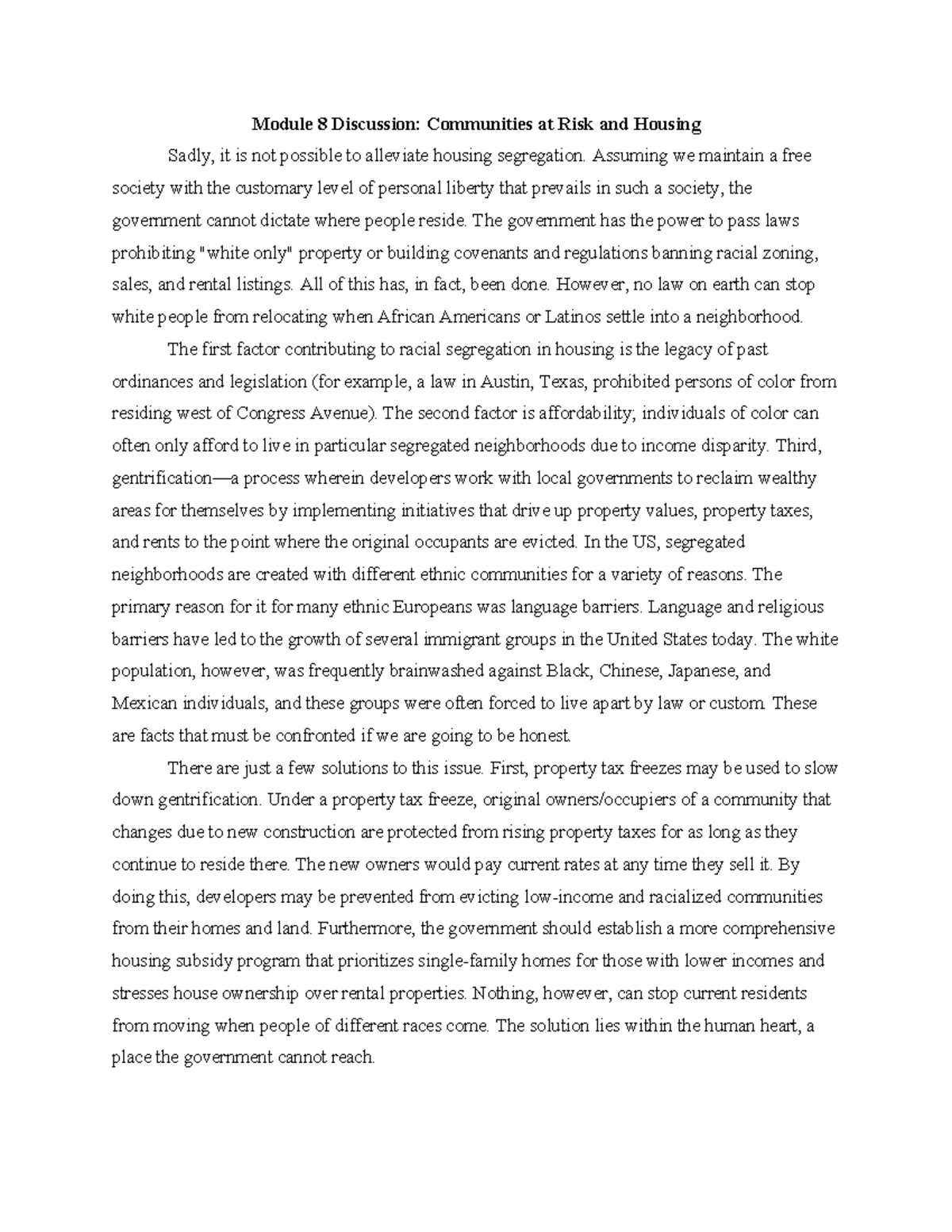 Module 8 Discussion: Addressing Housing Segregation Issues - Studocu