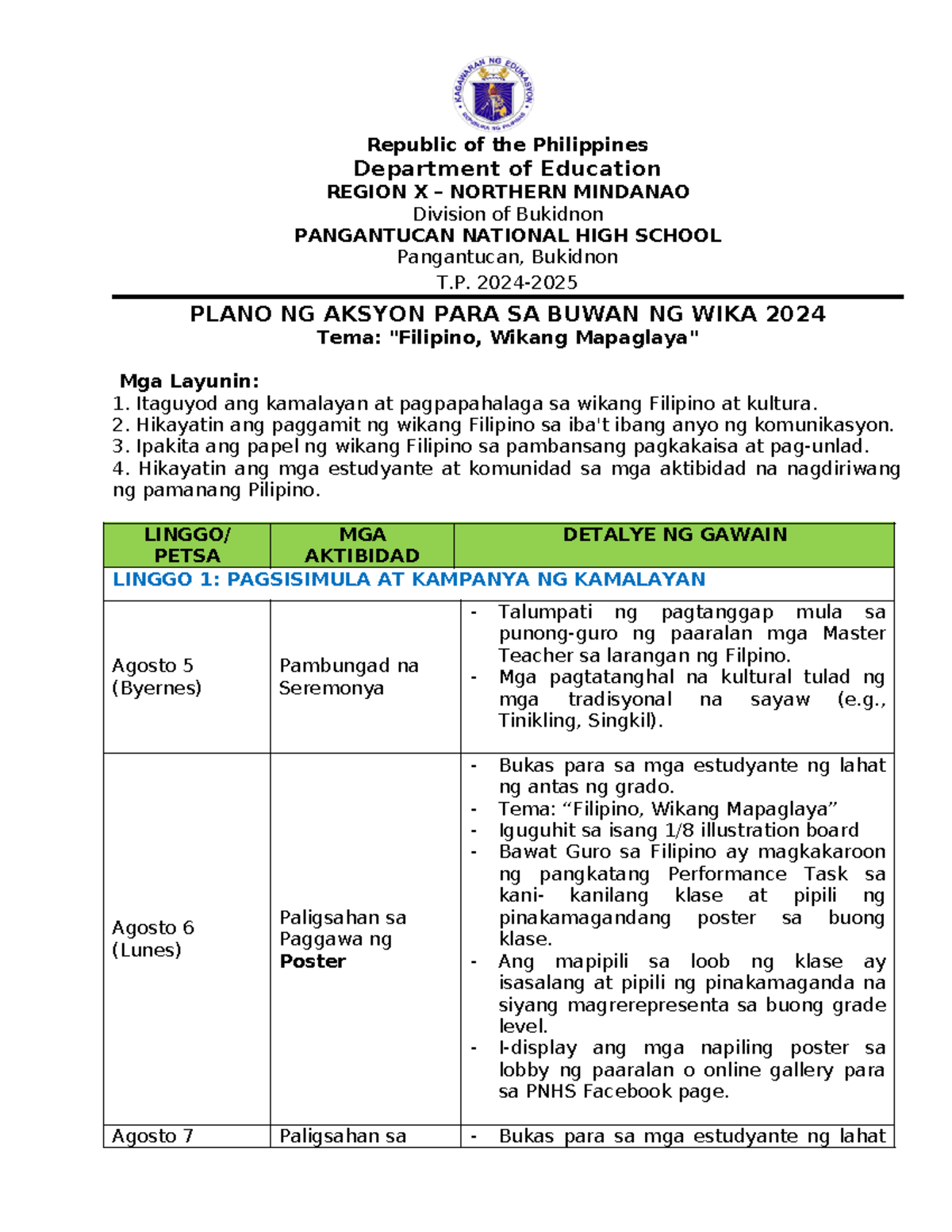 Action Plan for Buwan ng Wika 2024: Filipino, Wikang Mapaglaya - Studocu