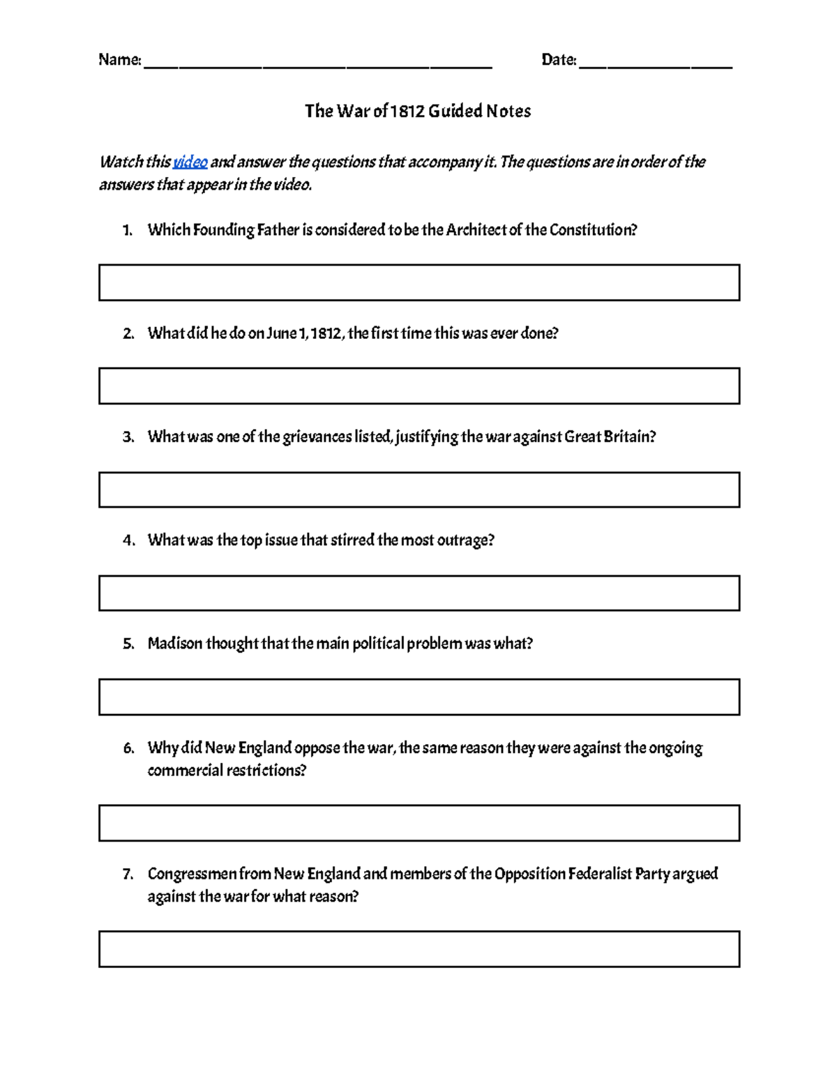 The War of 1812 Webquest Guided Notes and Questions - Studocu