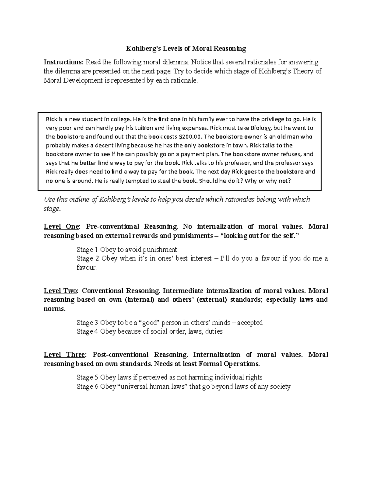 Kohlberg's Moral Development Worksheet - Answer Key Overview - Studocu
