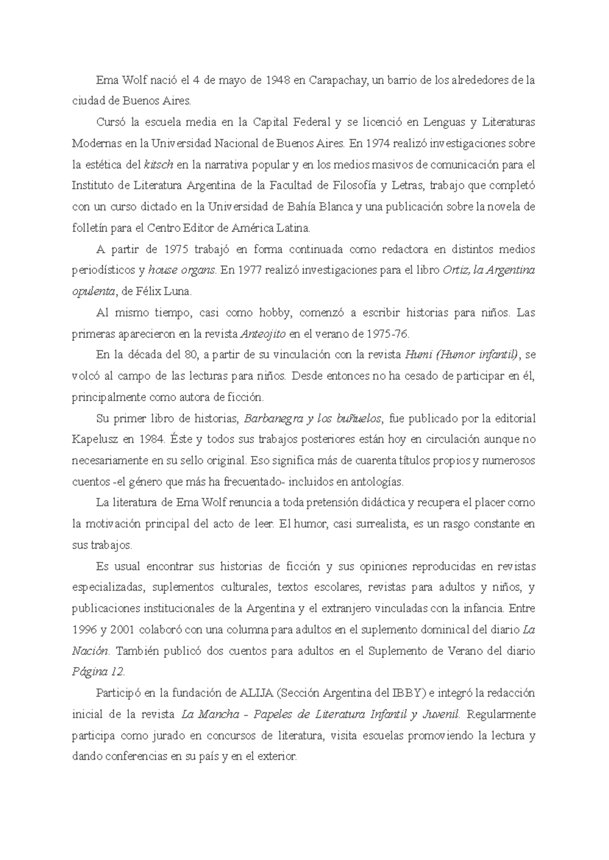 Biografía de Ema Wolf: Vida y Obra de una Autora Infantil - Studocu