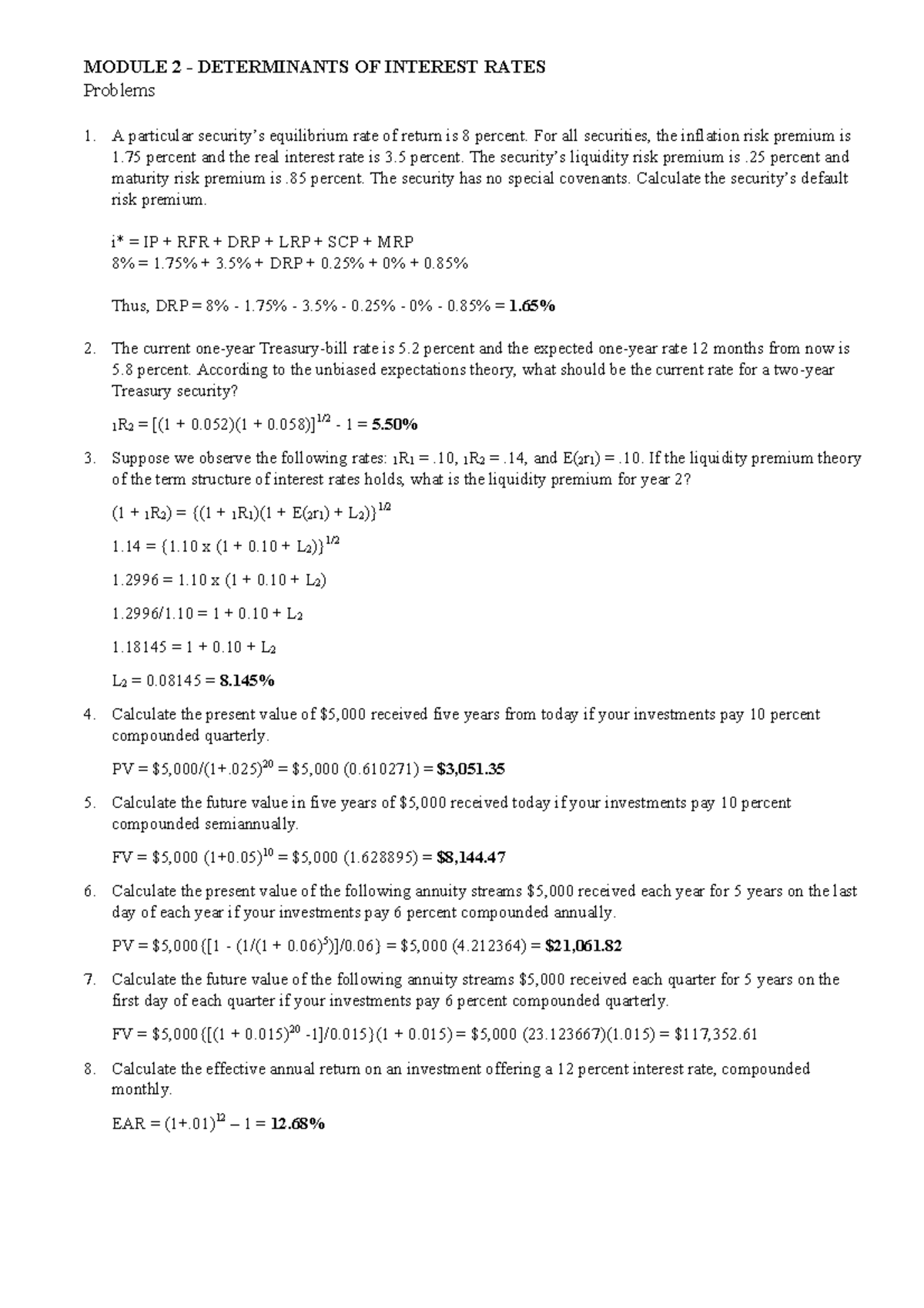 Module 2 - Sample Problems - MODULE 2 - DETERMINANTS OF INTEREST RATES ...
